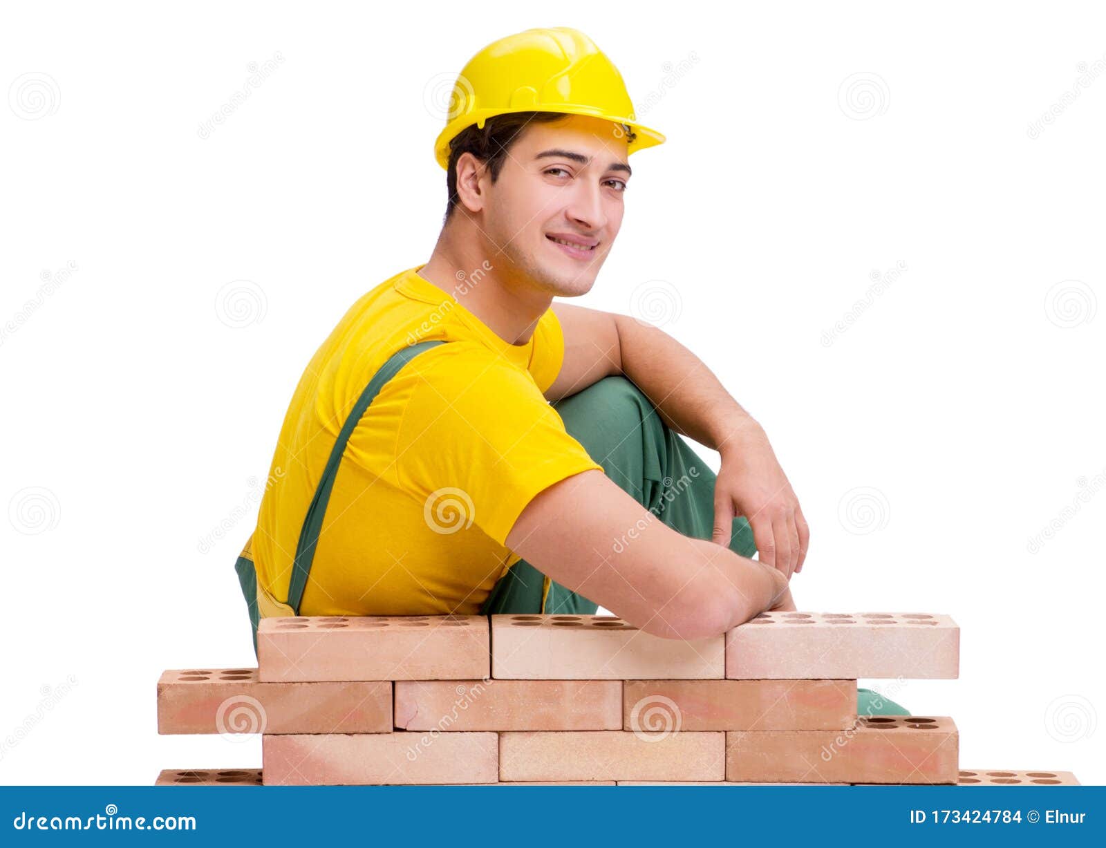 The Handsome Construction Worker Building Brick Wall Stock Photo ...