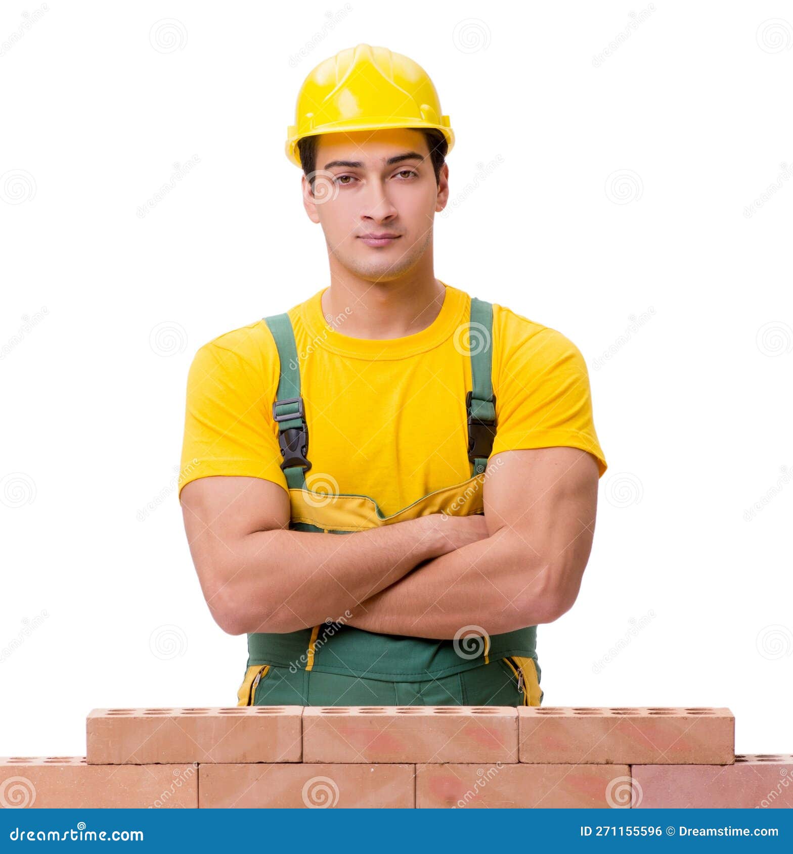 The Handsome Construction Worker Building Brick Wall Stock Photo ...