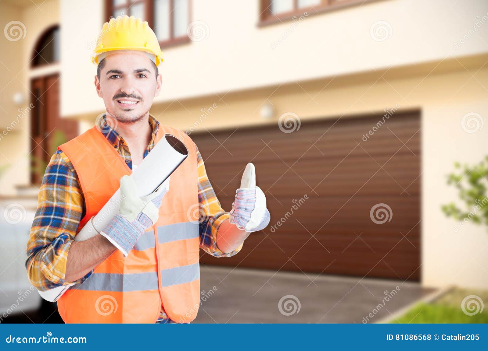 Handsome Constructor Doing Thumb Up Gesture Stock Photo - Image of ...