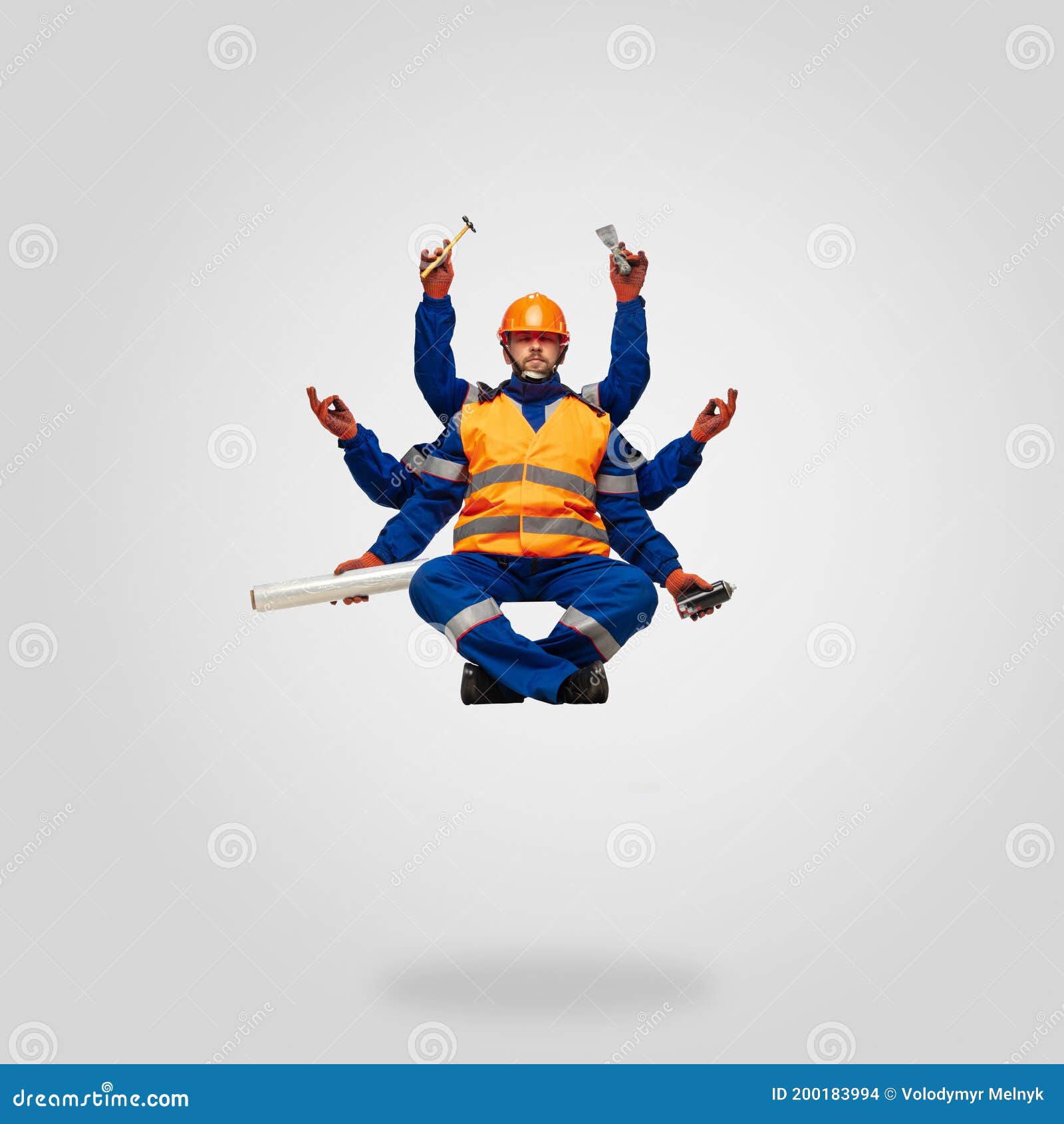 Handsome Contractor, Multi-armed Builder Levitating Isolated on Grey ...
