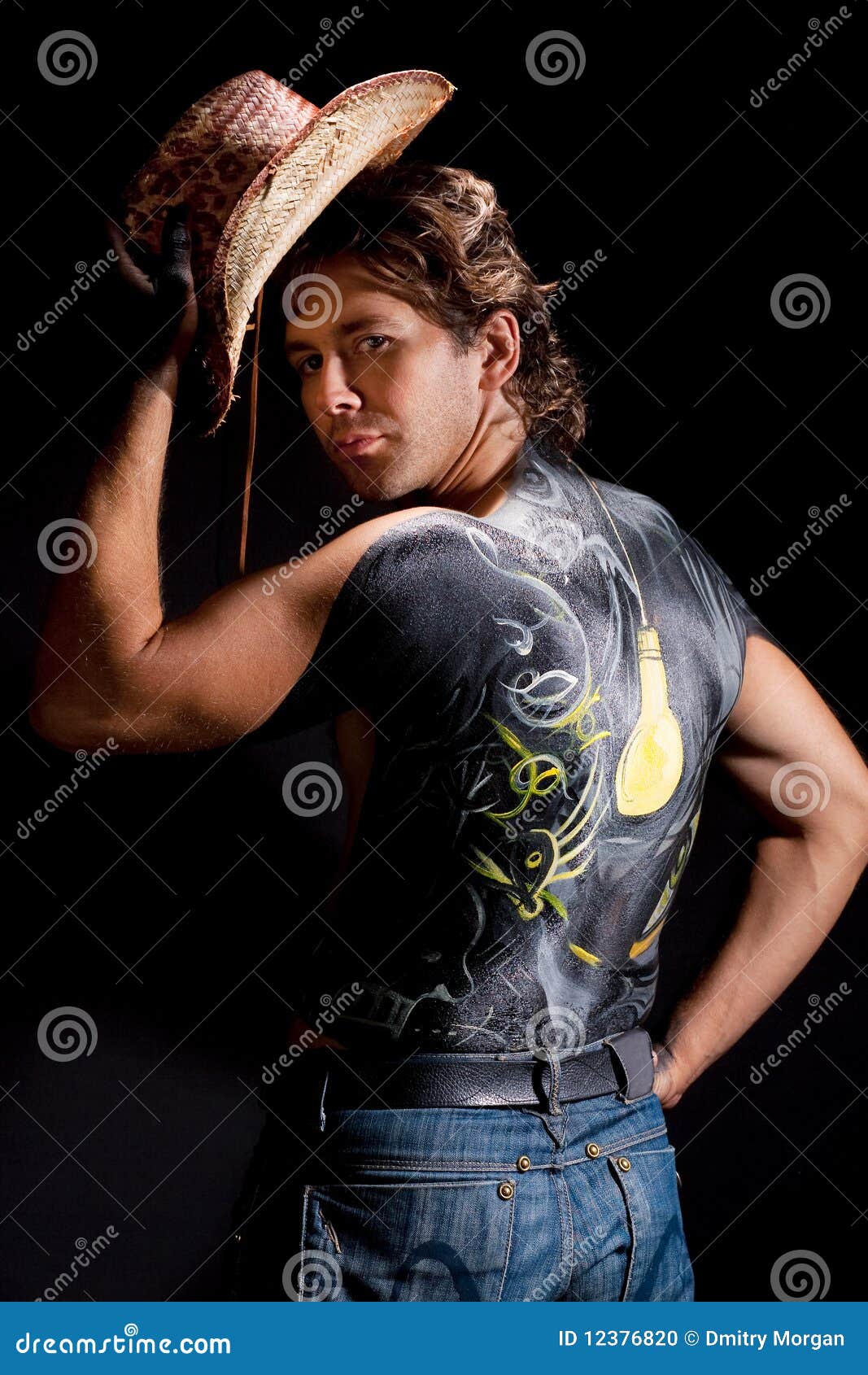 Handsome Cowboy with Body Art Back Isolated Stock Photo - Image of ...
