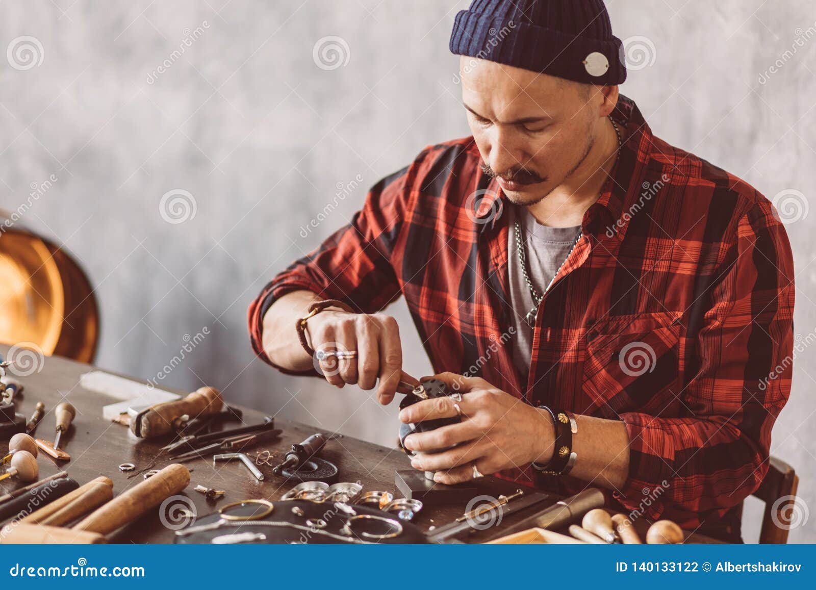Handsome Creative Goldsmith Decorating the Ring at Workshop Stock Photo ...