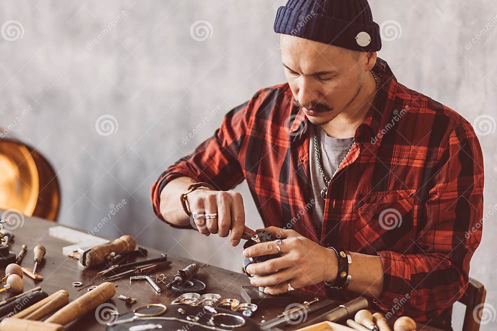 Handsome Creative Goldsmith Decorating the Ring at Workshop Stock Photo ...