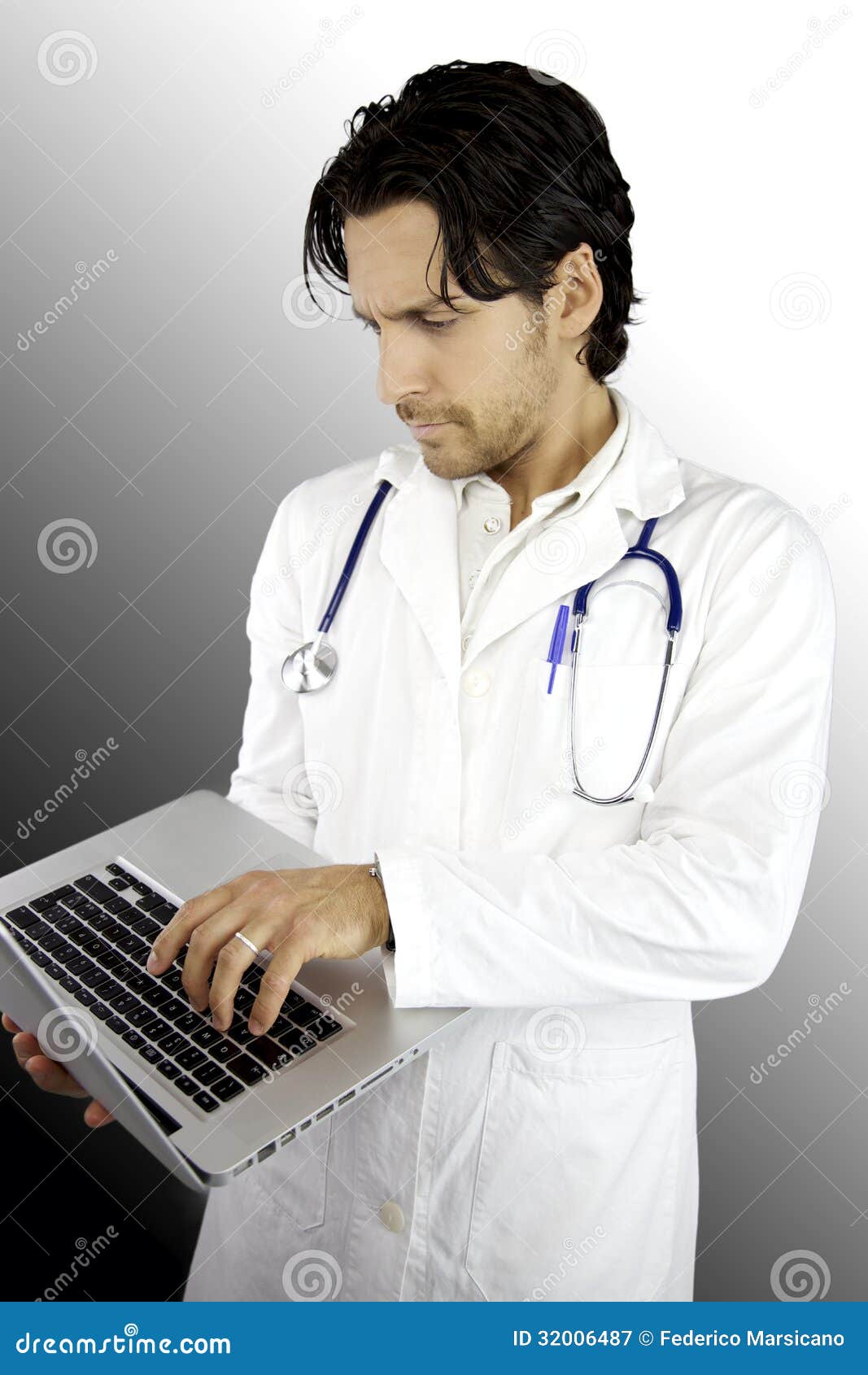Handsome Doctor Working with Pc Stock Image - Image of care, portrait ...