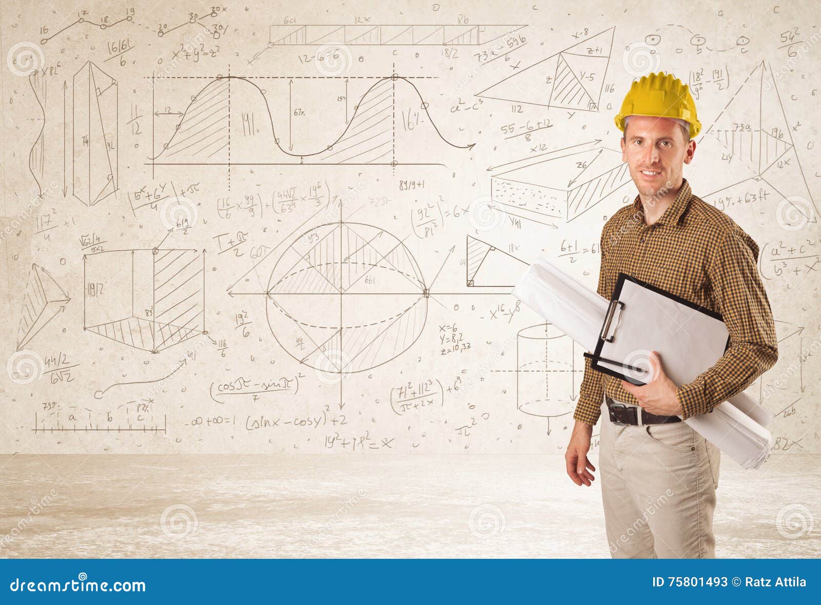Handsome Engineer Calculating with Hand Drawn Background Stock Image ...