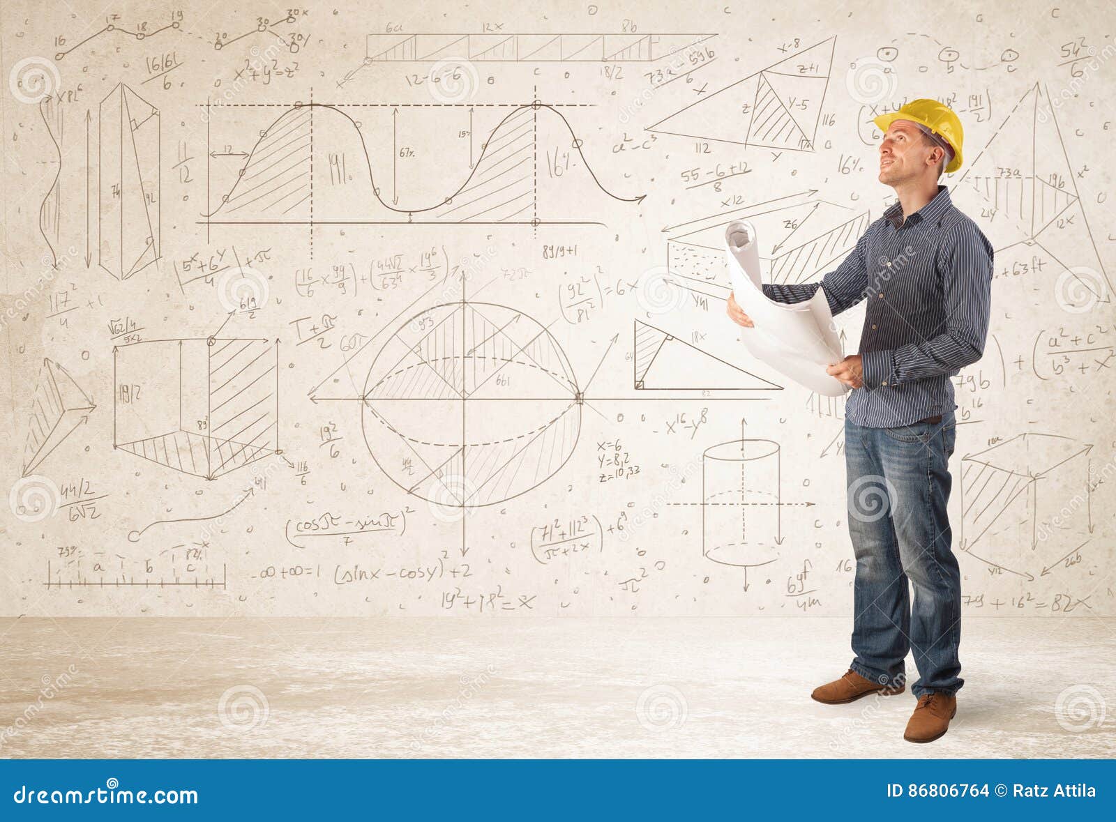 Handsome Engineer Calculating with Hand Drawn Background Stock Photo ...