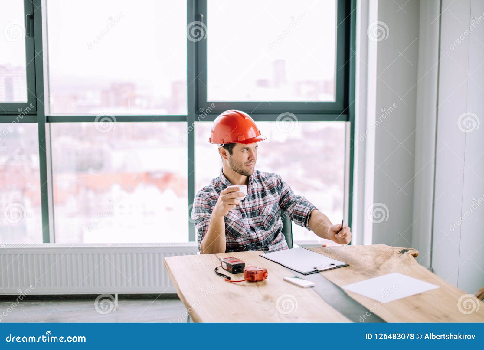 Handsome Engineer is Holding a Cup of Tea Stock Photo - Image of desk ...
