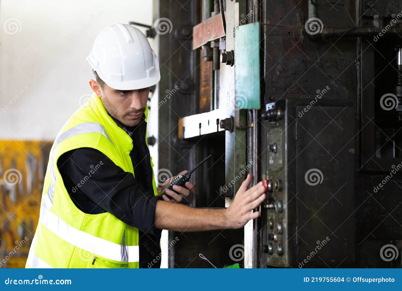 Engineer Man or Worker Pushing Button on Machine and Controlling ...