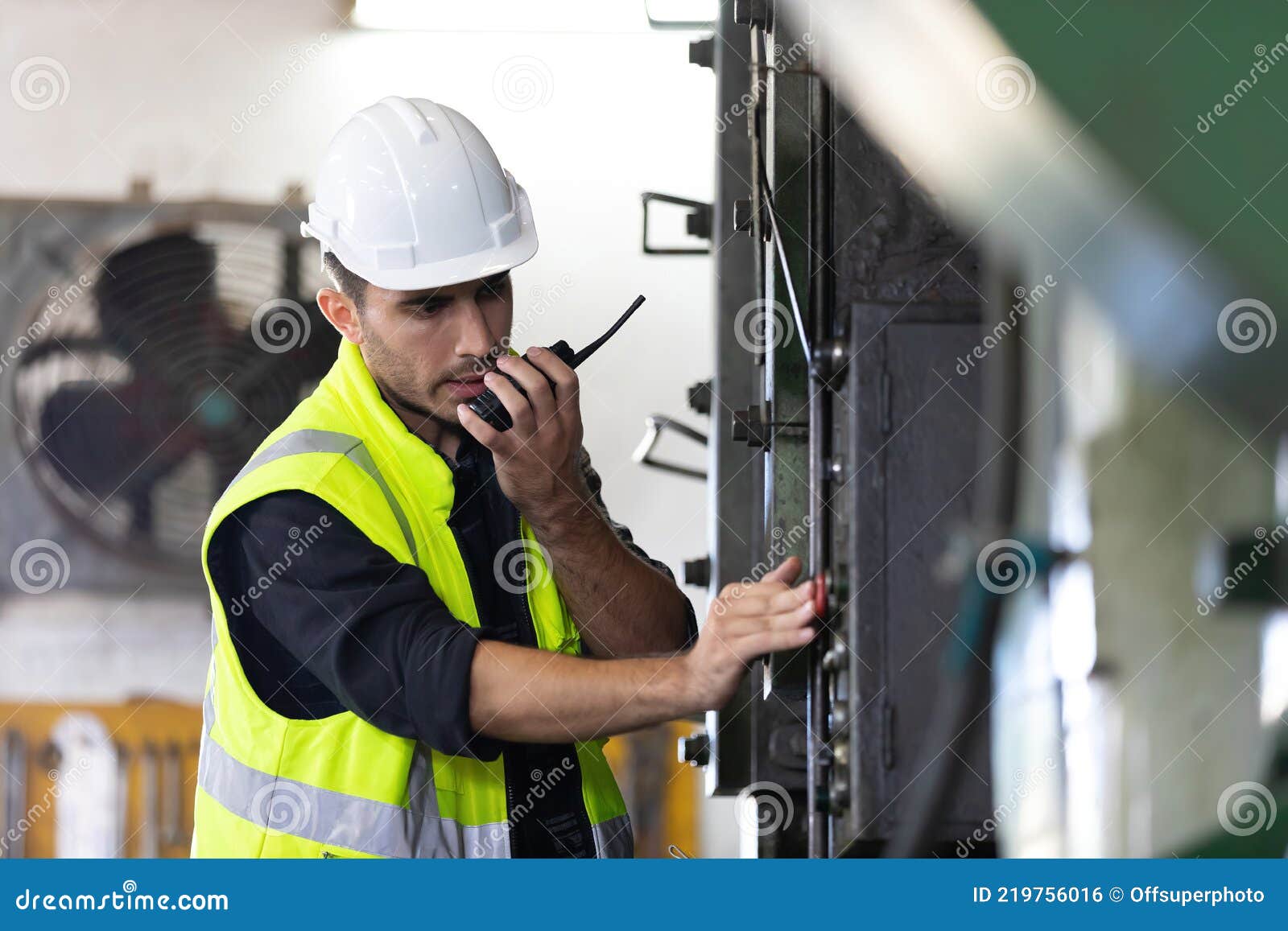 Engineer Man or Worker Pushing Button on Machine and Controlling ...