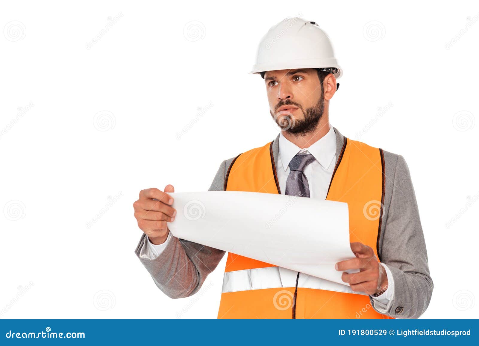Handsome Engineer in Suit and Hardhat Holding Blueprint and Looking ...