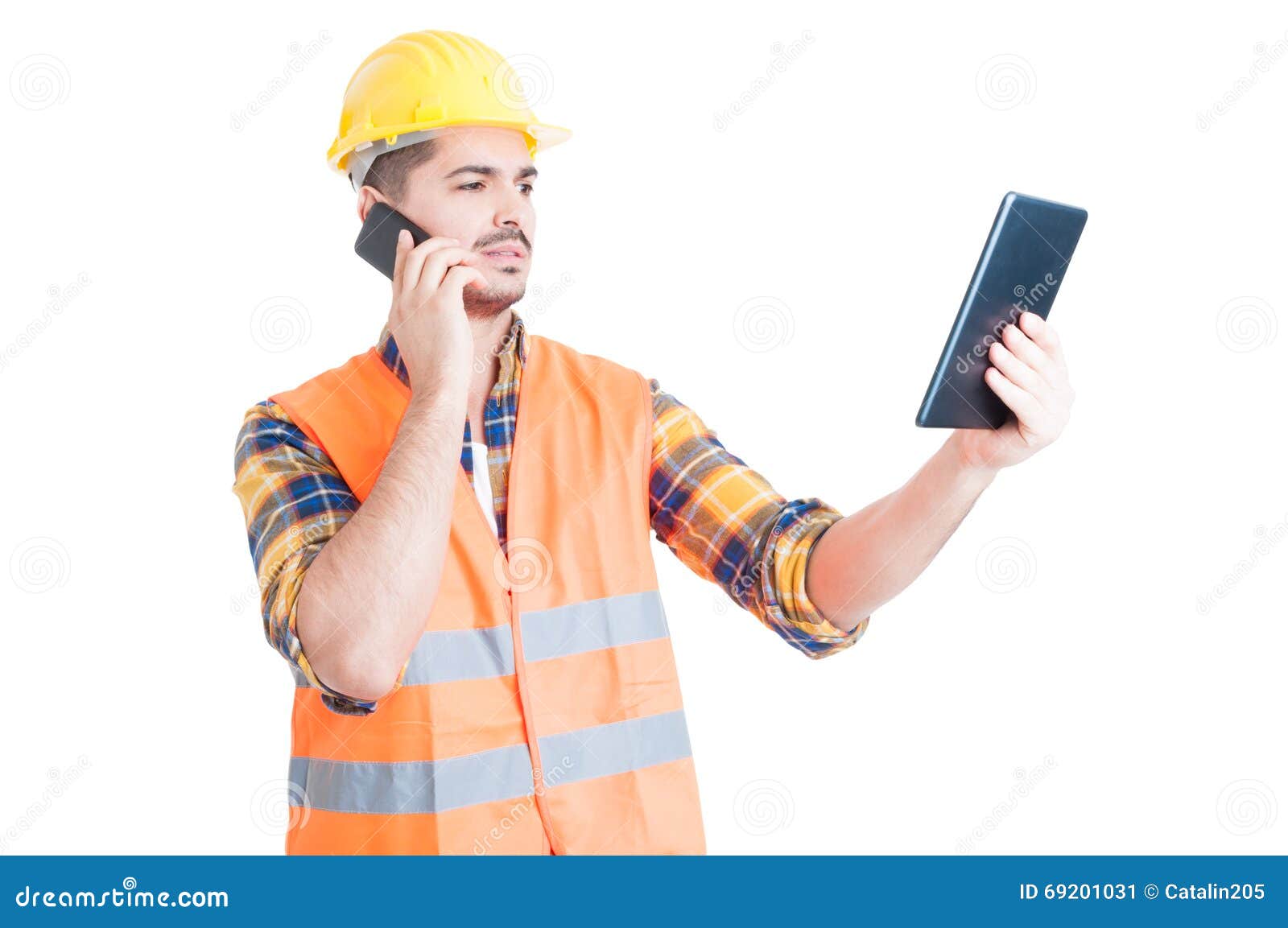 Handsome Engineer Talking Smartphone Using Tablet Stock Photos - Free ...