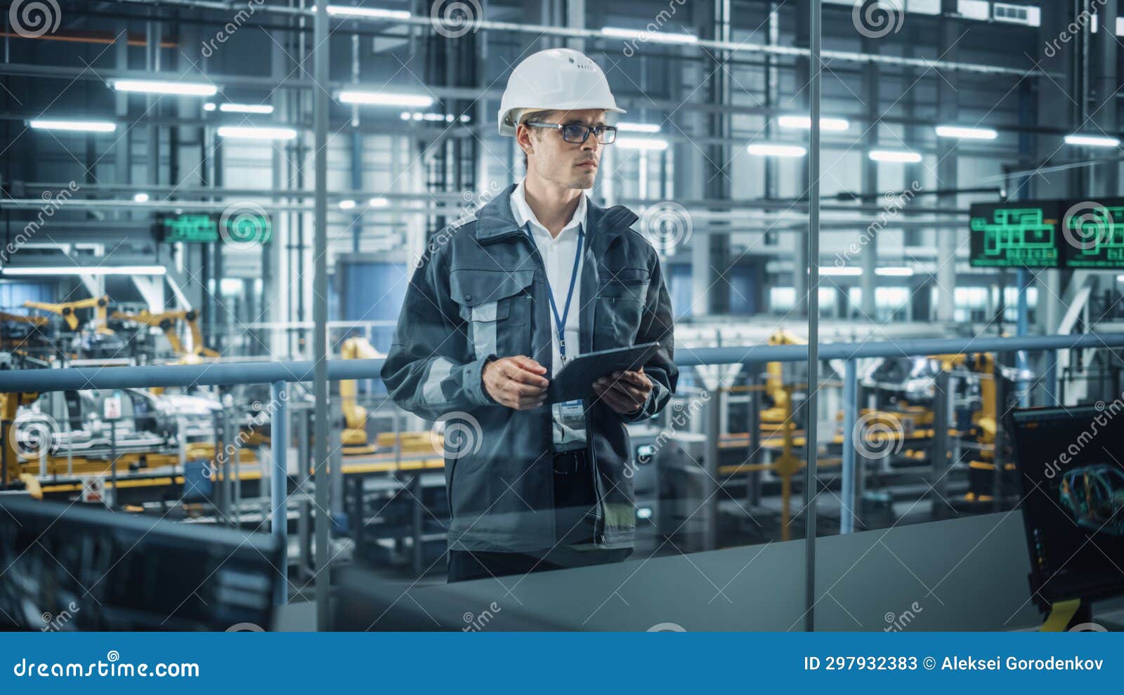 Handsome Engineer in Uniform and Hard Hat Using Tablet Computer at a ...
