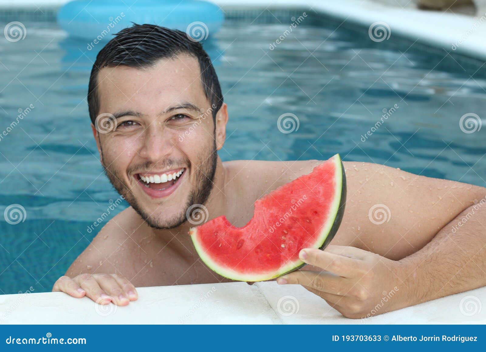 Handsome Ethnic Man Eating Watermelon in the Pool Stock Image - Image ...