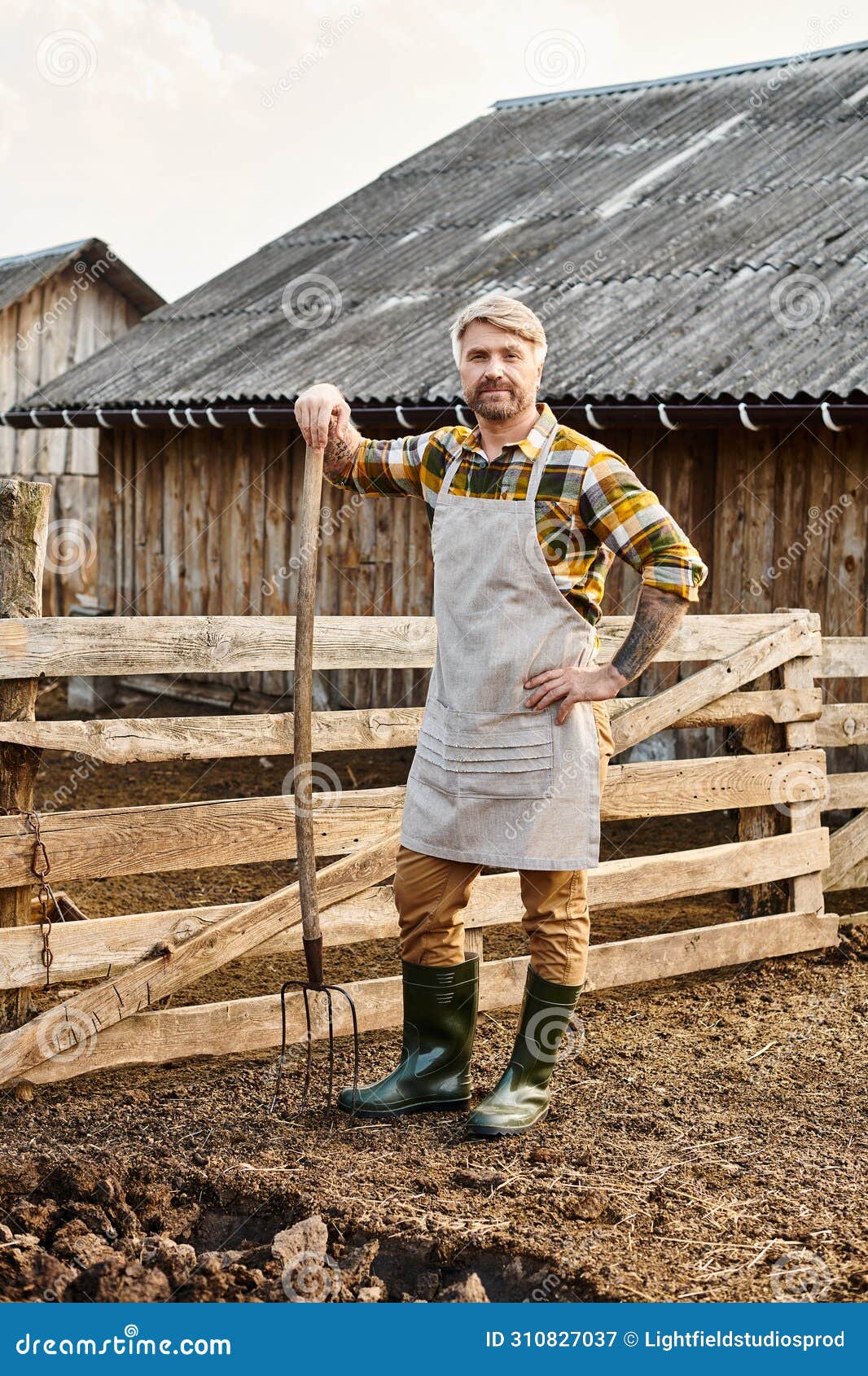 Handsome Farmer with Tattoos Using Pitchfork Stock Image - Image of ...