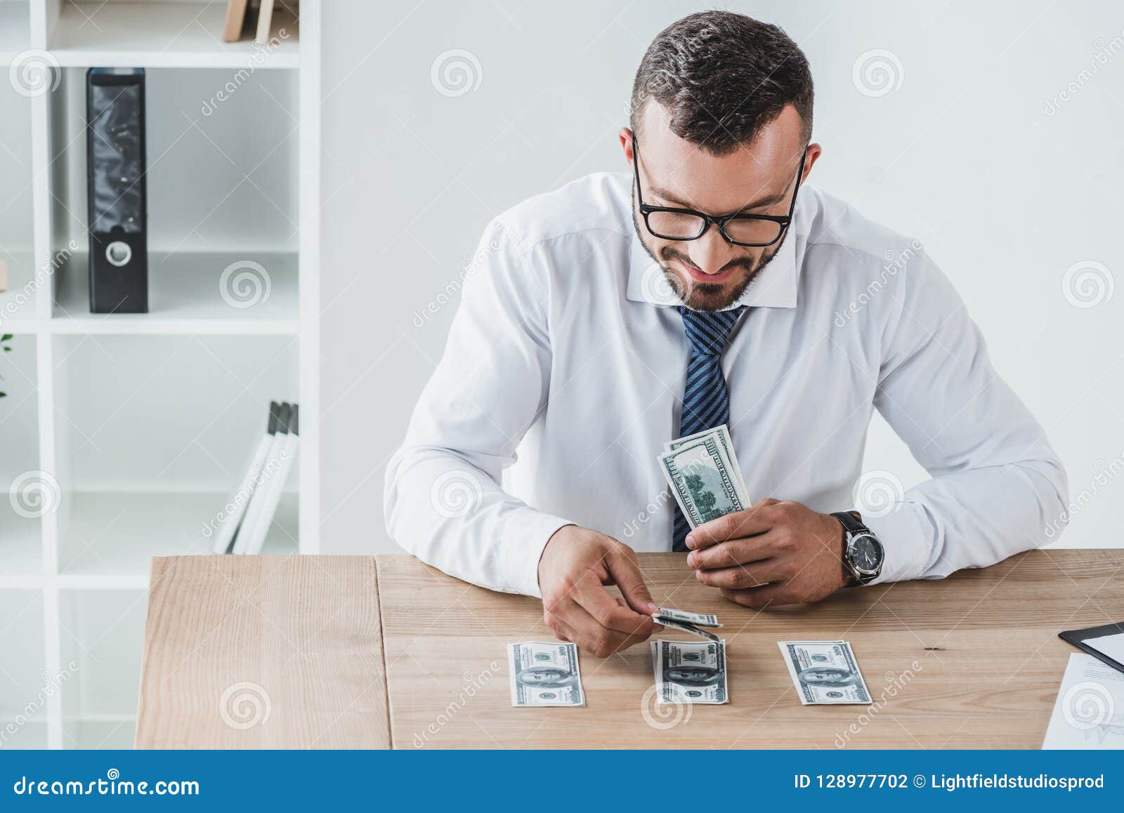 Handsome Financier Counting Dollar Banknotes on Table Stock Photo ...