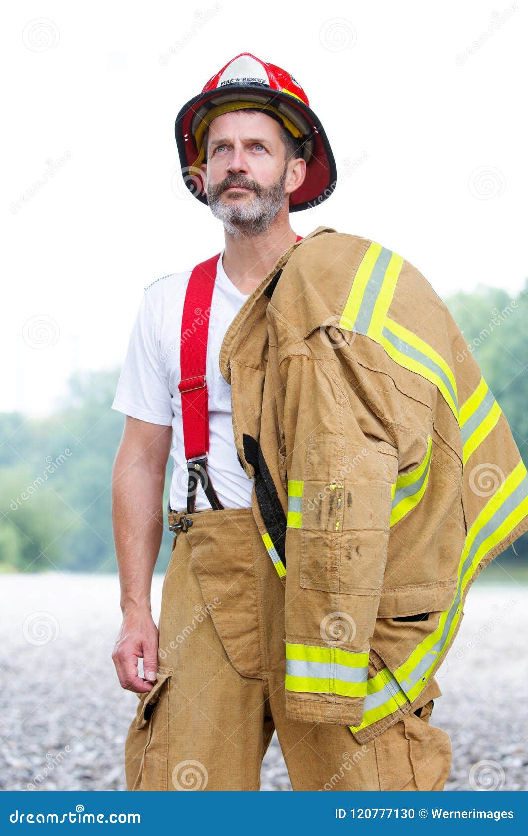 Handsome Fireman in Uniform Standing Outdoors Stock Photo - Image of ...
