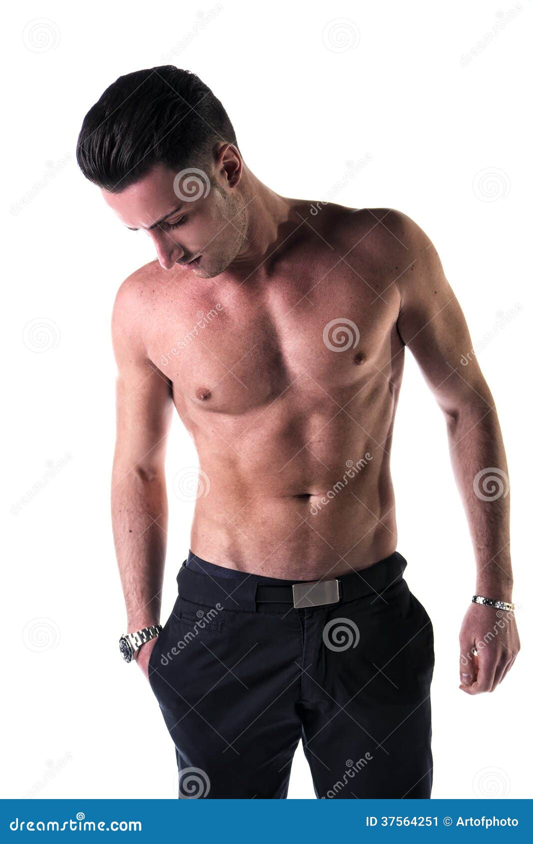 Handsome, Fit Young Man Shirtless with Black Pants, Isolated Stock ...