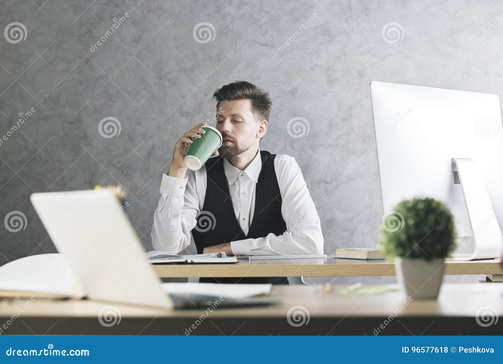 Handsome Gentleman Drinking Coffee at Workplace Stock Photo - Image of ...