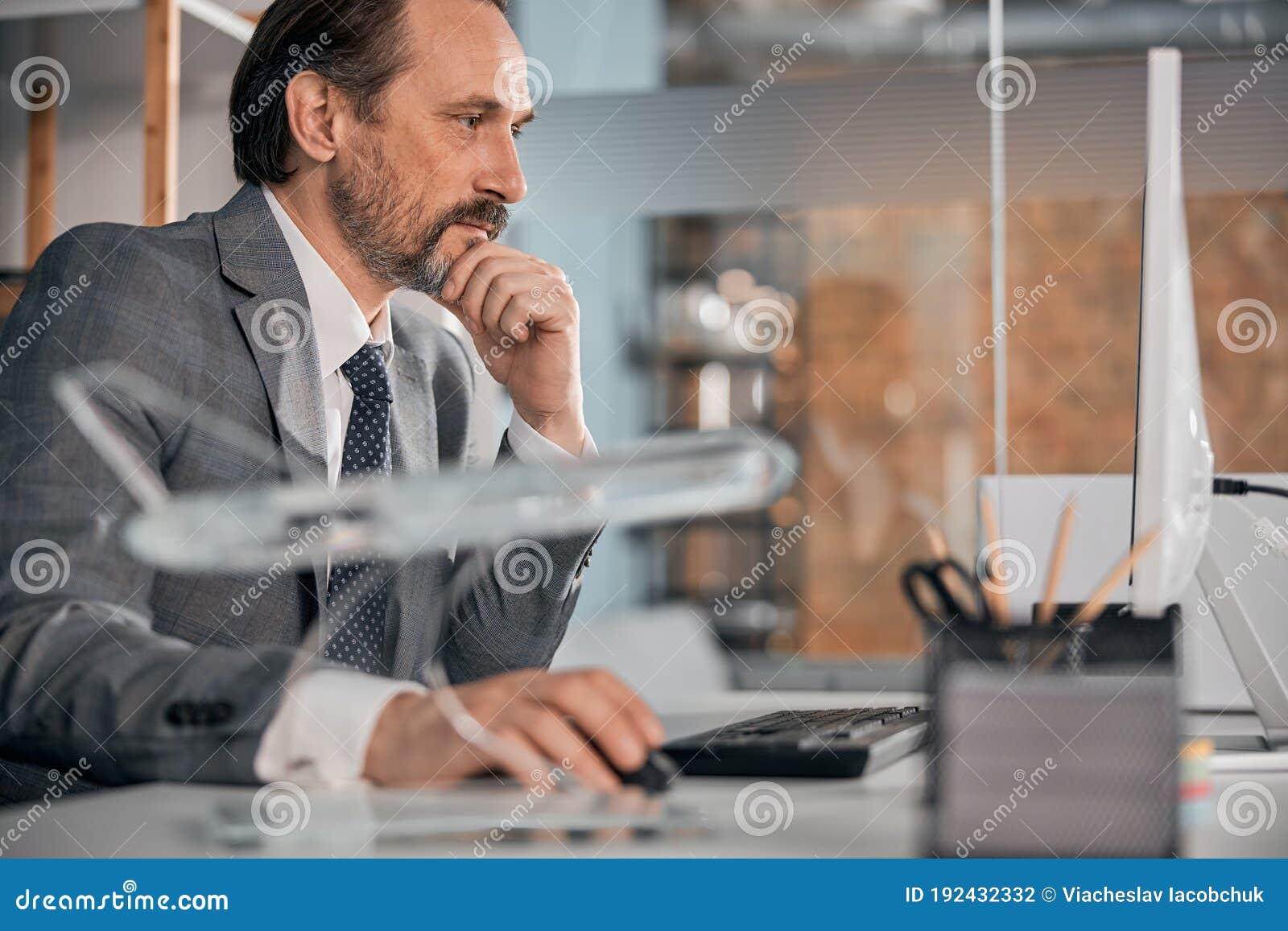 Handsome Gentleman Using Desktop PC at Work Stock Photo - Image of boss ...