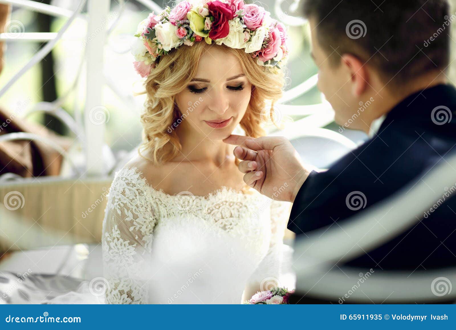Handsome Groom Sensual Touching Emotional Happy Blonde Bride In Stock