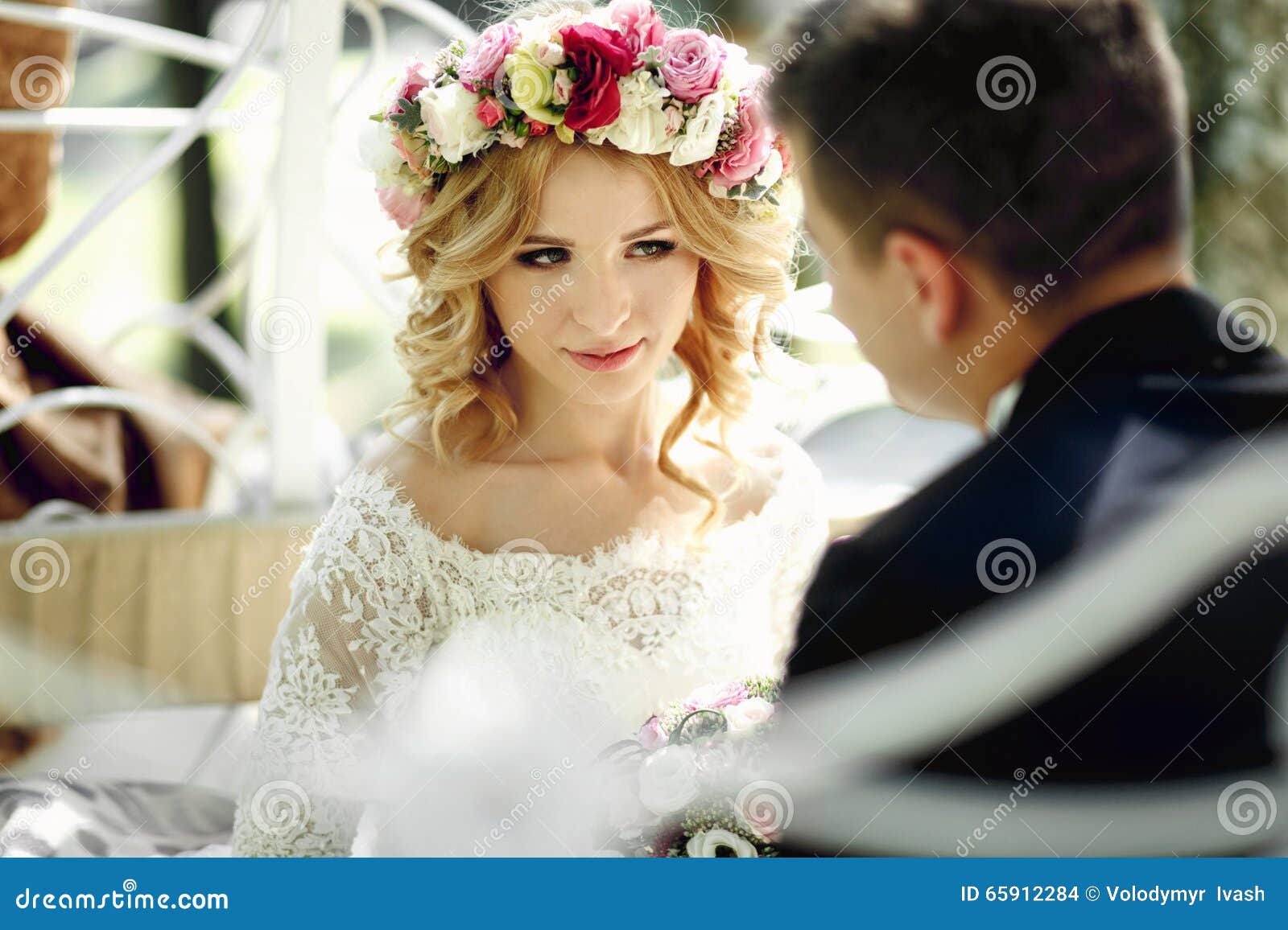 Handsome Groom Sensual Touching Emotional Happy Blonde Bride In Stock
