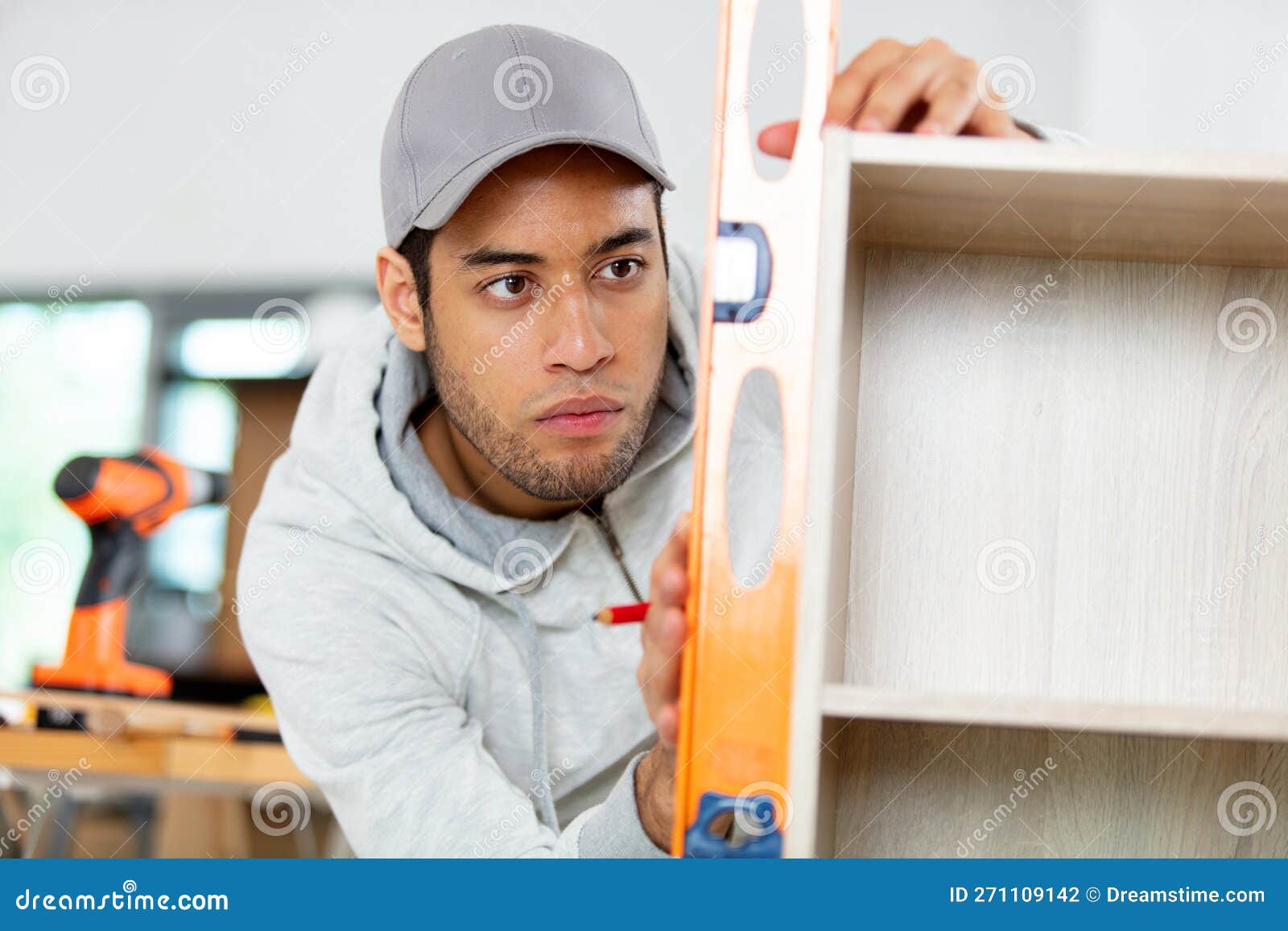 Handsome Guy Building Book Shelf Handmade Stock Photo - Image of tools ...
