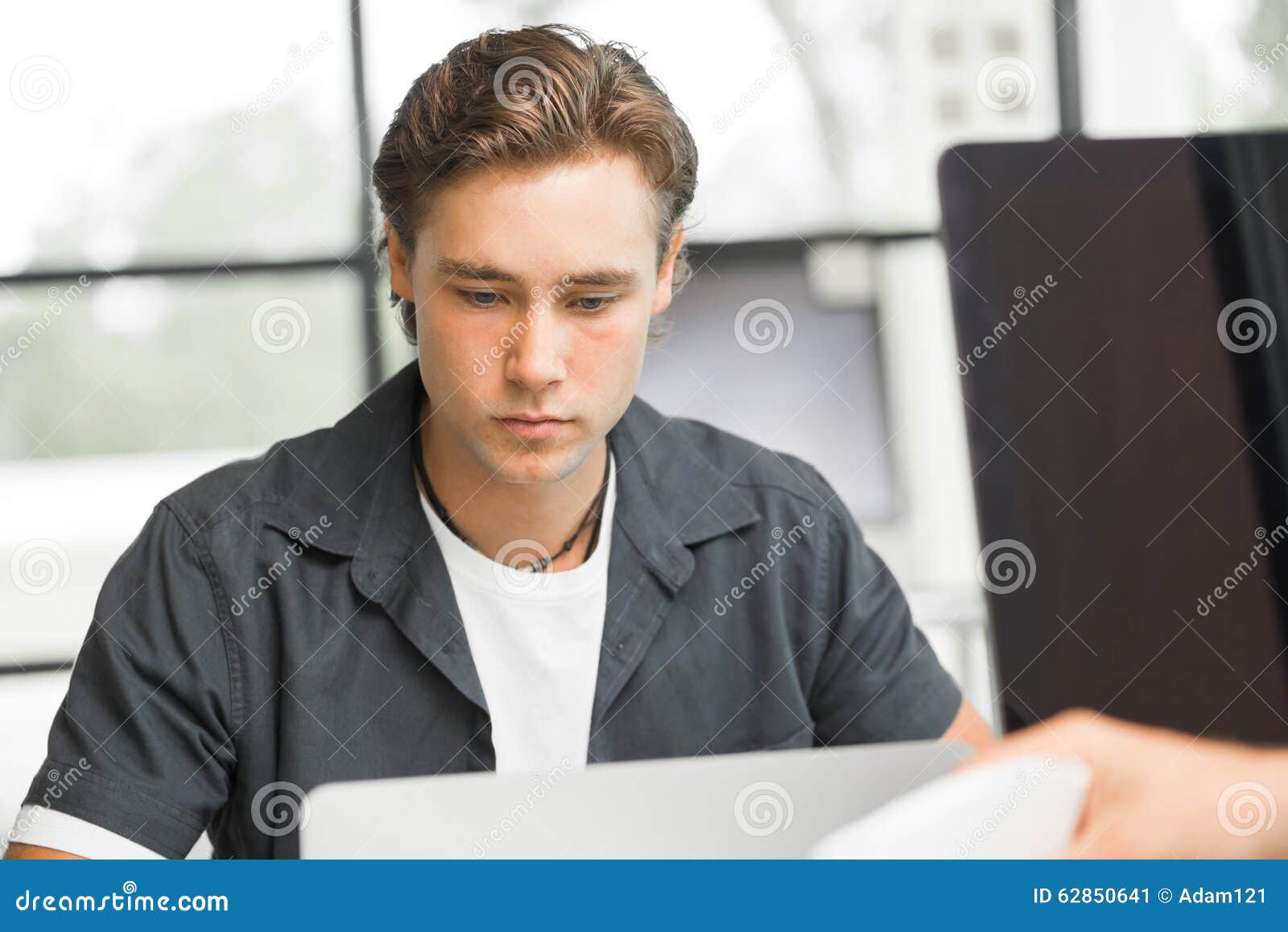 Handsome Guy at Computer Work Stock Image - Image of education, shirt ...