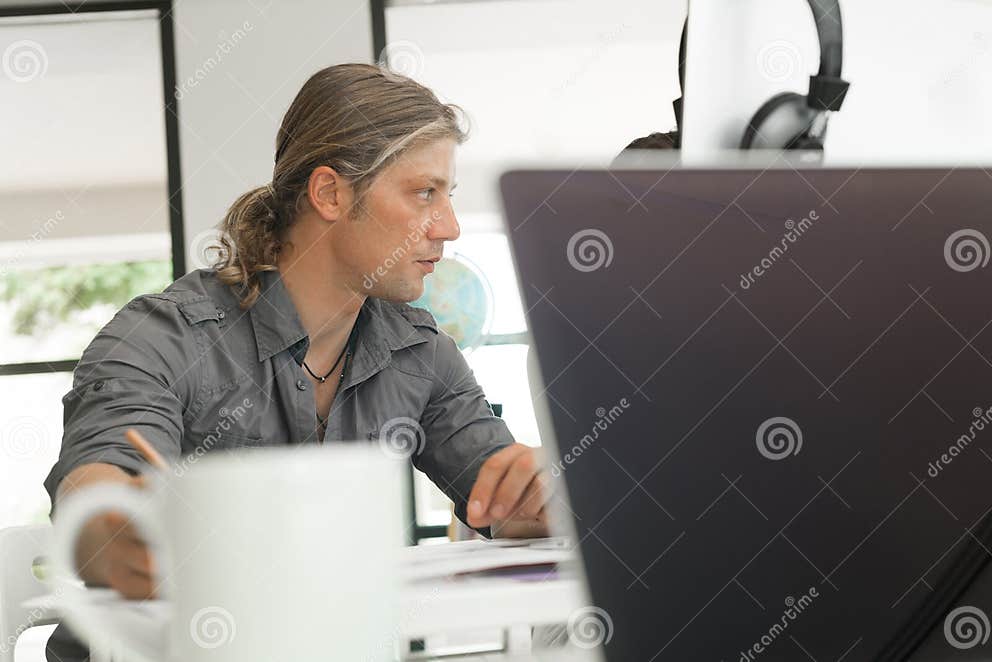 Handsome Guy at Computer Work Stock Image - Image of learn, portrait ...