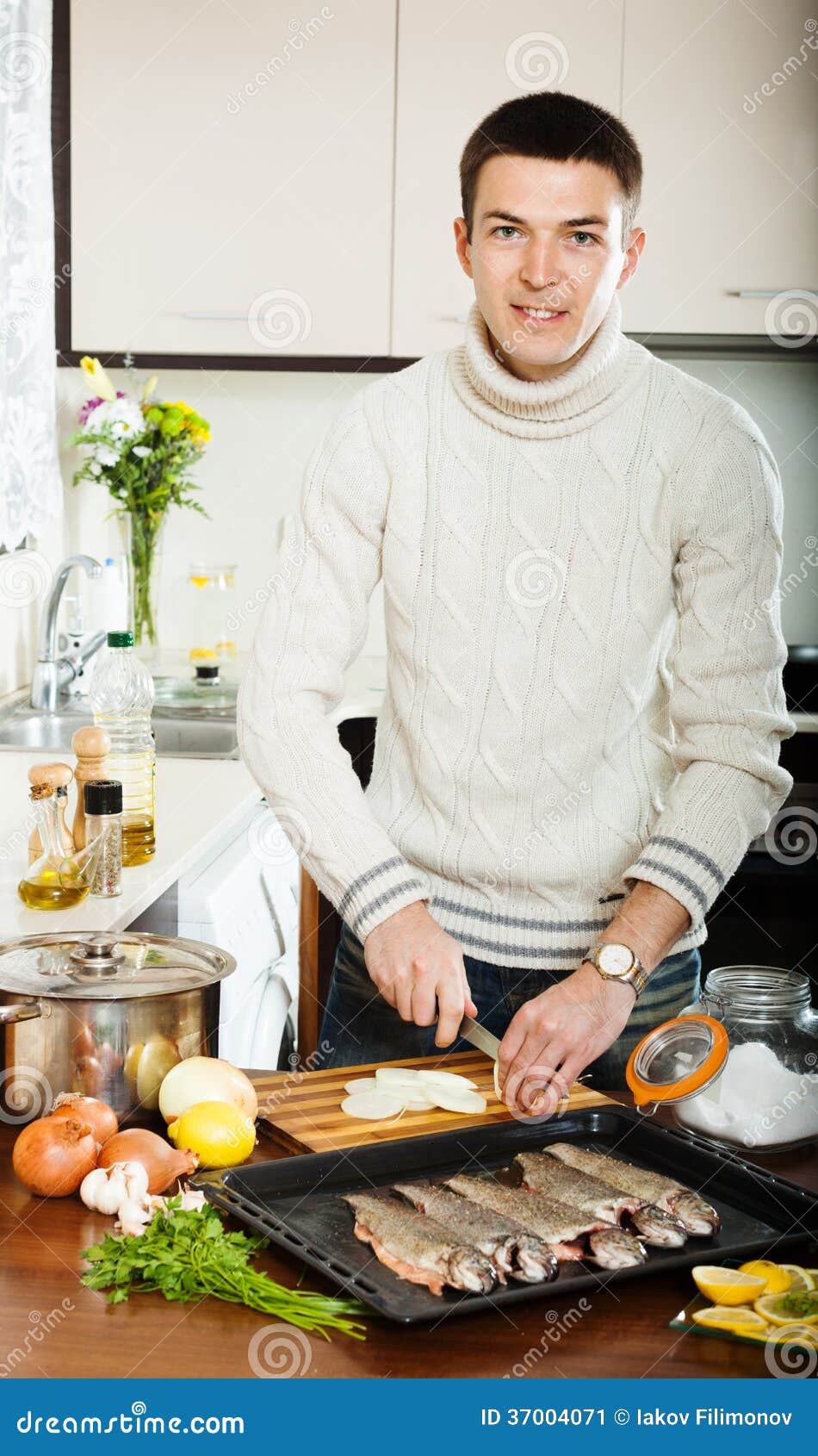 Handsome Guy Cooking Raw Fish in Roasting Pan Stock Image - Image of ...