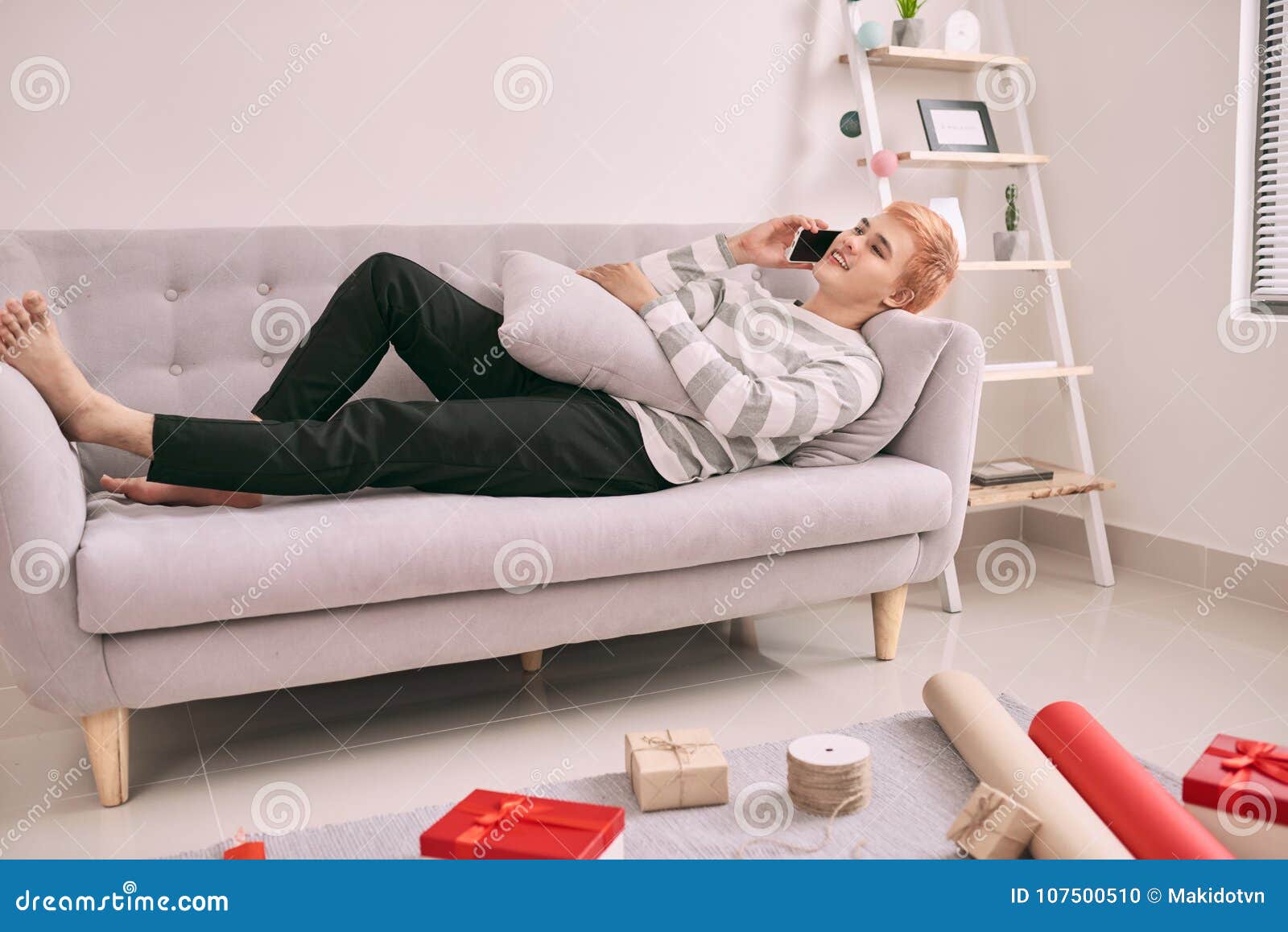 Handsome Guy Holding Red Rose, Call from Girlfriend. Stock Photo ...