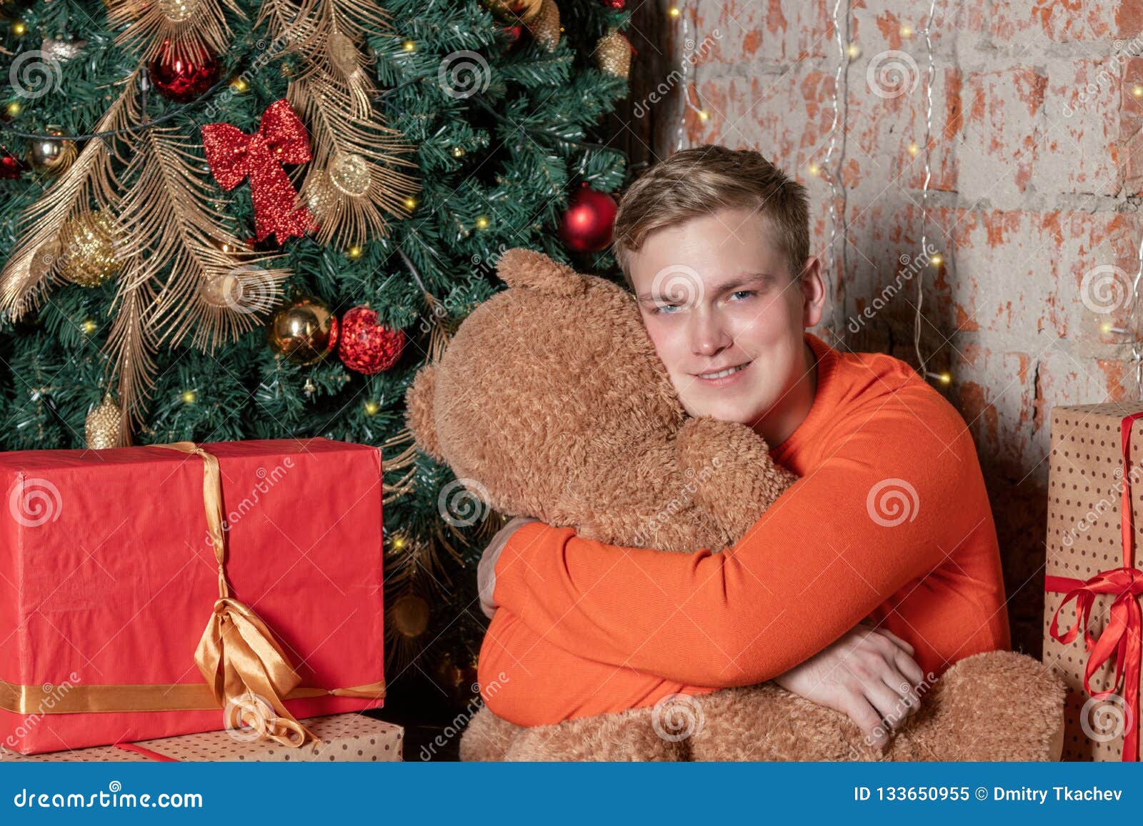 Handsome Guy Hugs the Bear Sitting Under the Tree Surrounded by Boxes ...