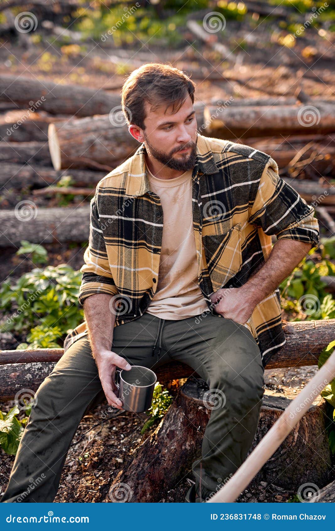 Handsome Guy Lumberman Sit Drinking Tea Having Rest after Chopping ...