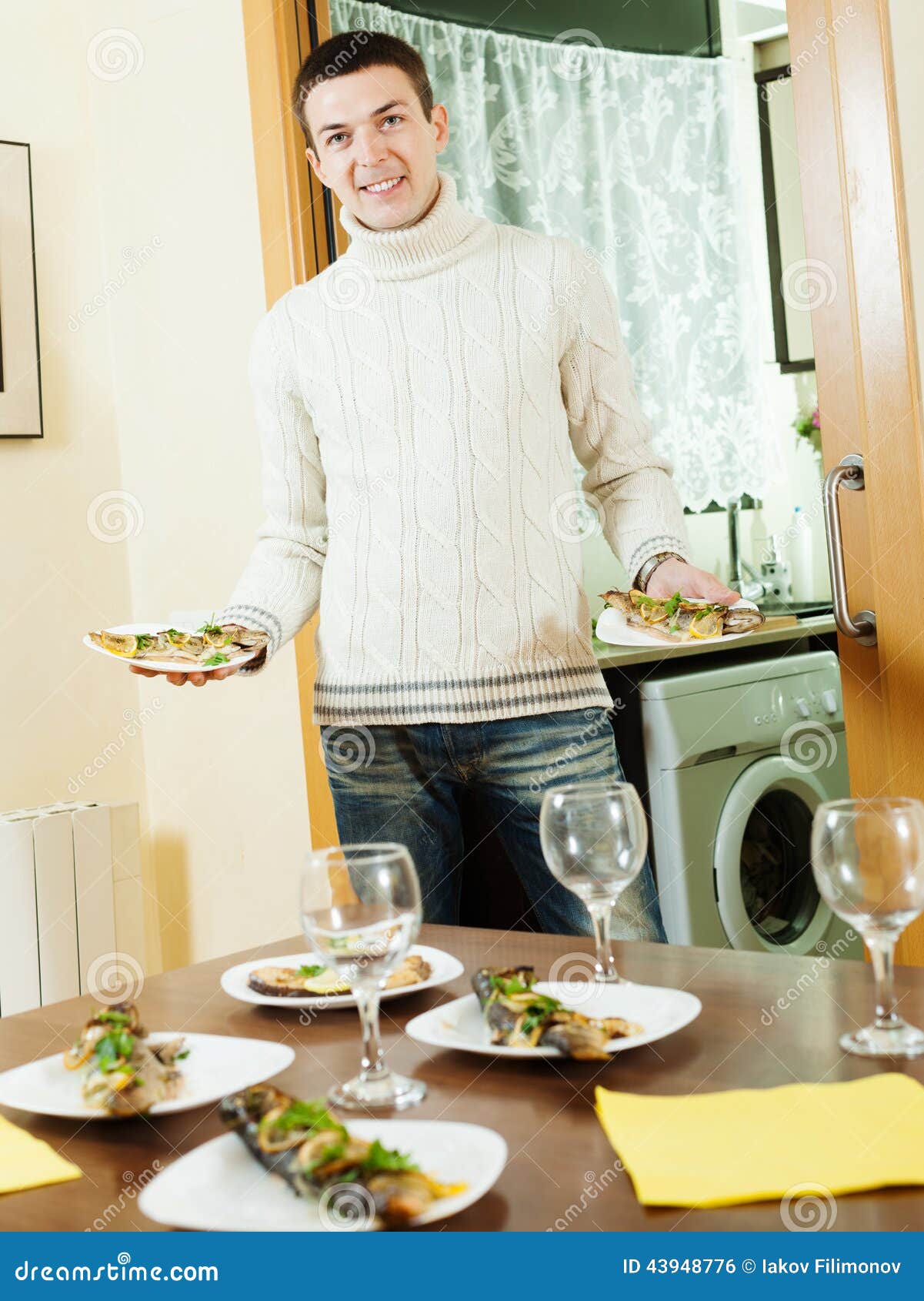 Handsome Guy Serving Festive Table Stock Photo - Image of fish ...