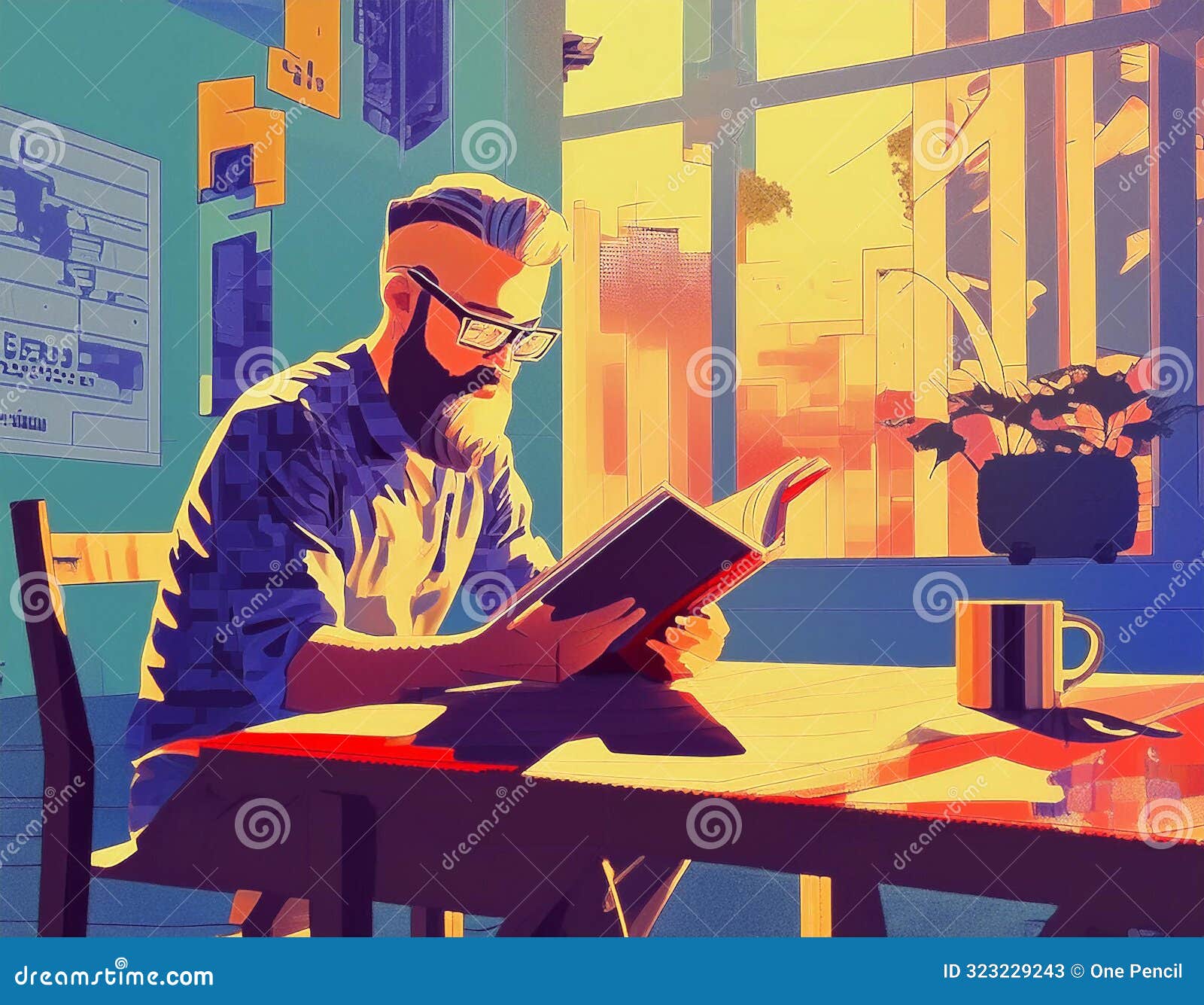 Handsome Guy Sitting in a Cafe Drinking Coffee and Reading a Magazine ...