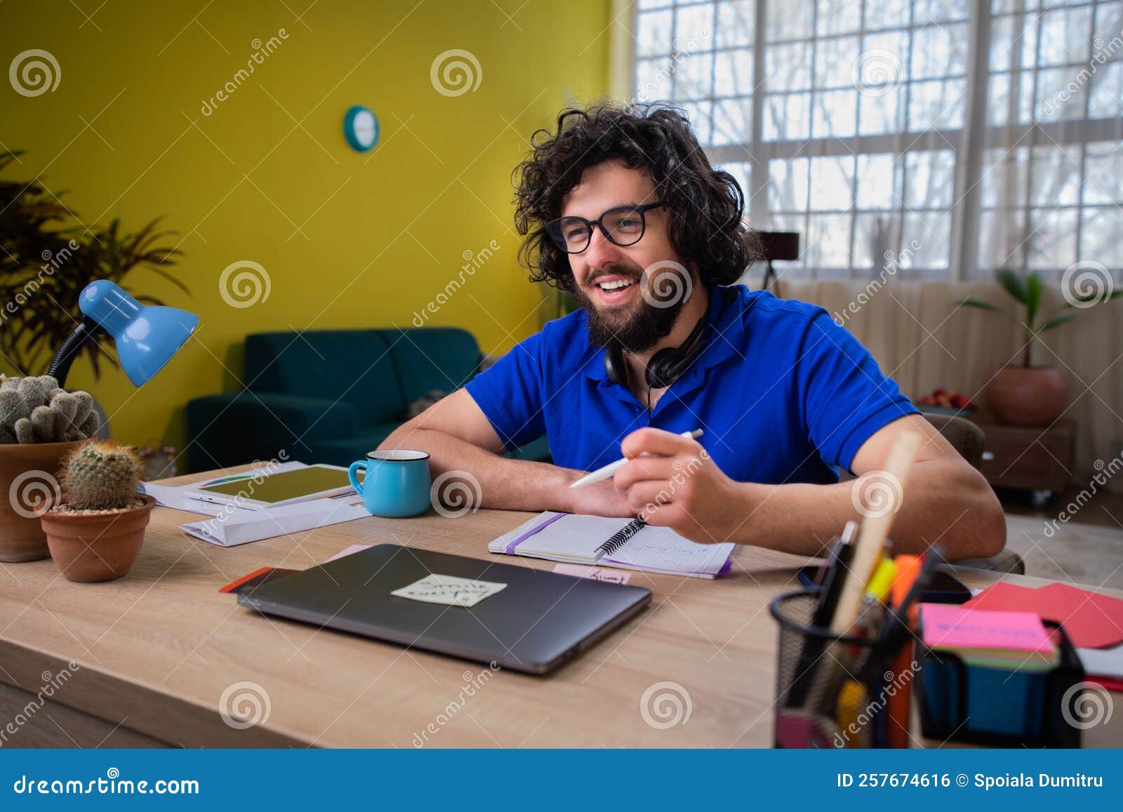 Handsome Guy Student Doing His Class Project at Home he Have Thinking ...