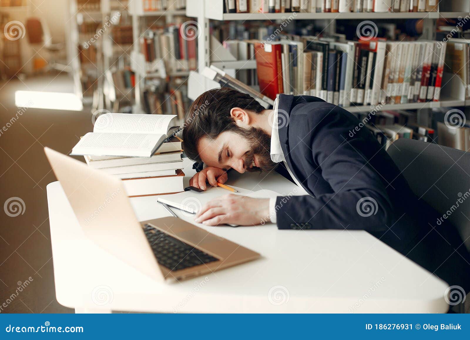 Handsome Guy Study at the Library Stock Image - Image of modern ...