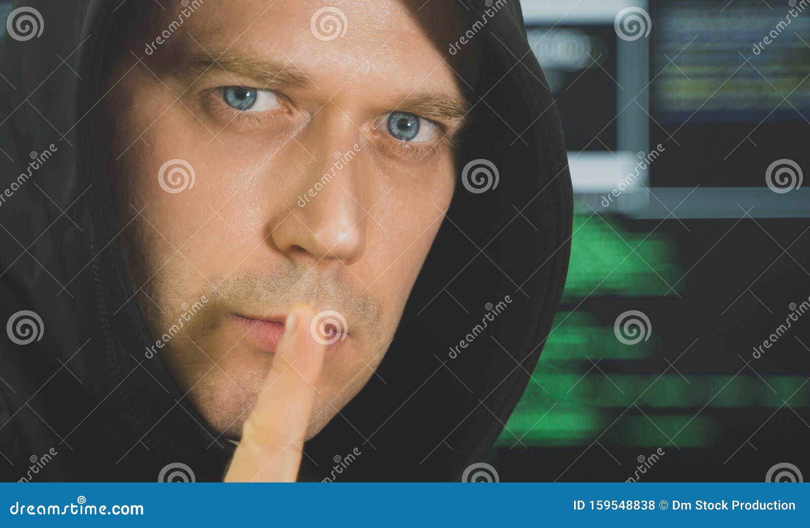 Handsome Hacker in Black Hoodie. Stock Photo - Image of finger ...