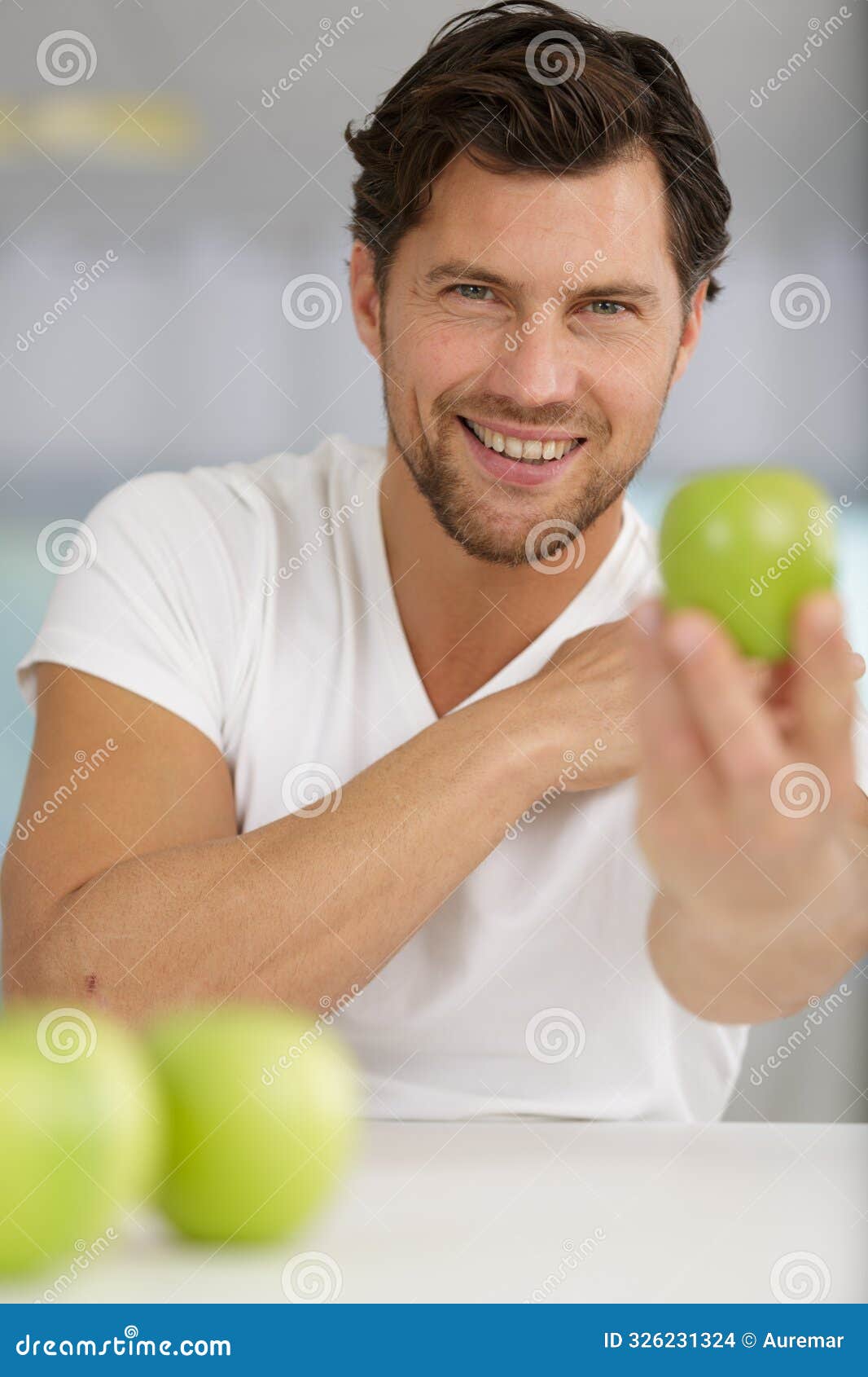 Handsome Happy Man Eating Apple Stock Photo - Image of breakfast ...