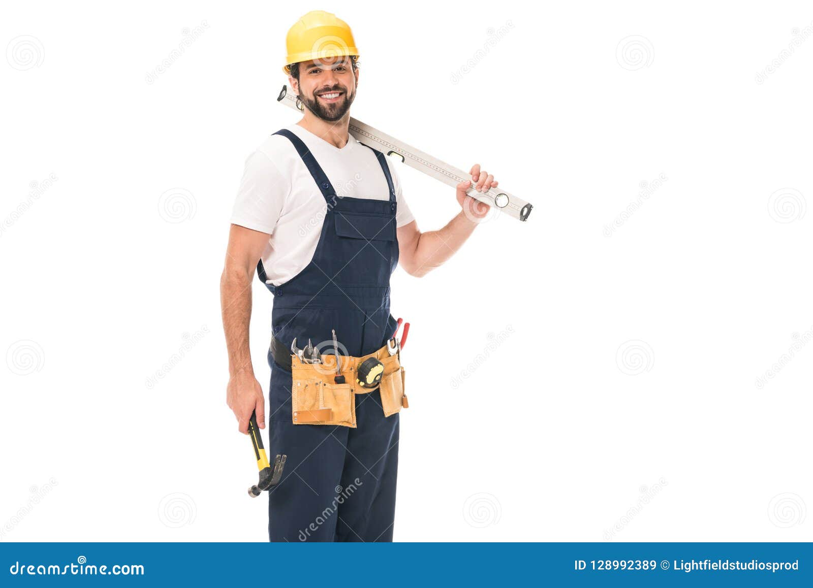Handsome Happy Workman Holding Level Tool and Hammer Smiling at Camera ...