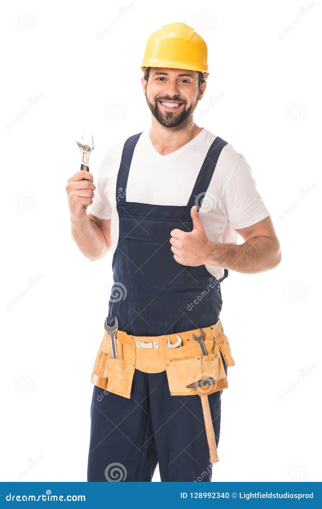 Handsome Happy Workman Holding Wrench and Smiling at Camera Stock Photo ...