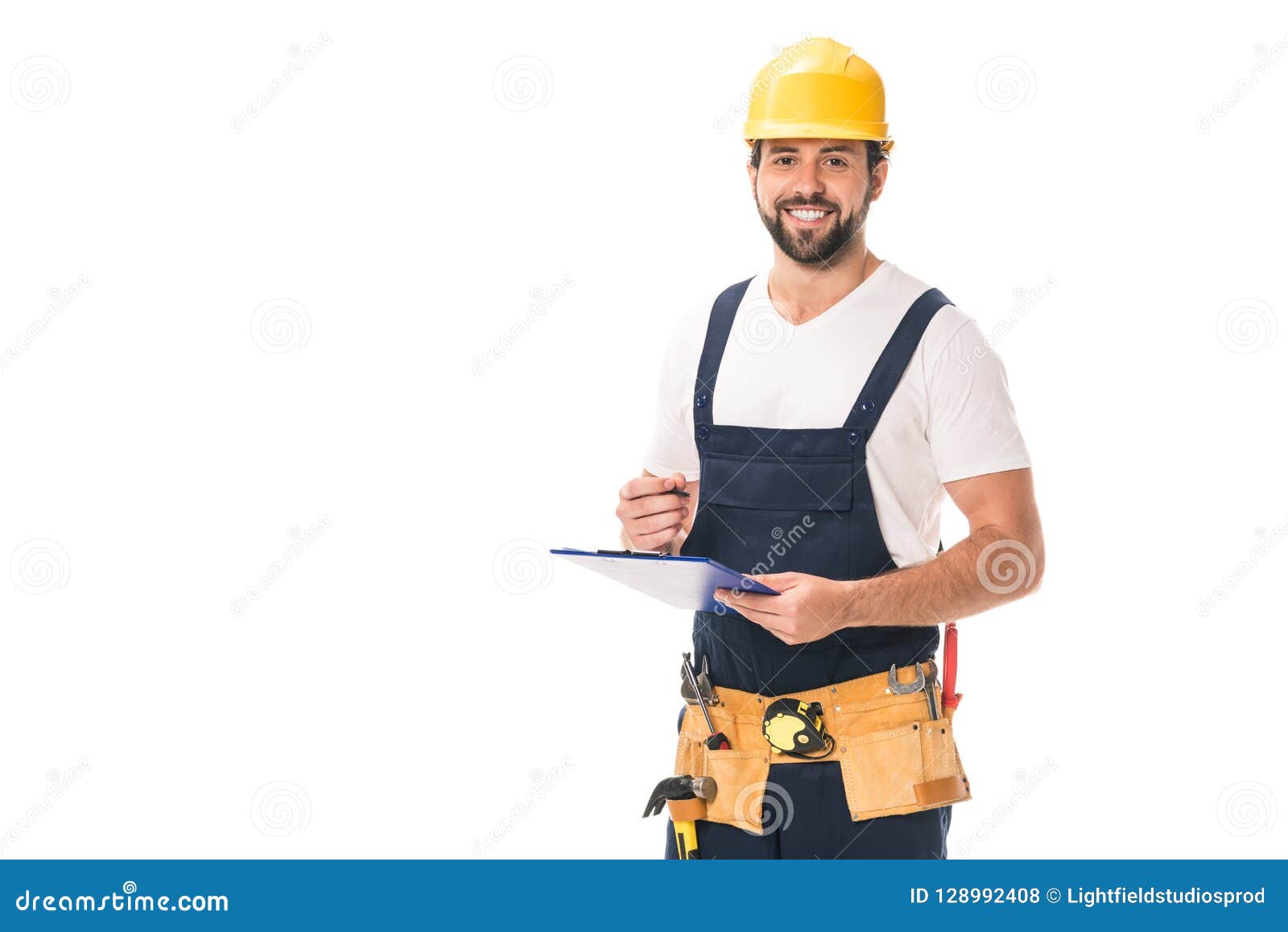 Handsome Happy Workman in Tool Belt and Hard Hat Writing on Clipboard ...