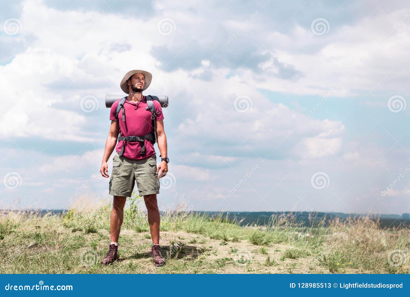 Handsome Hiker with Backpack Standing on Summer Meadow Stock Image ...