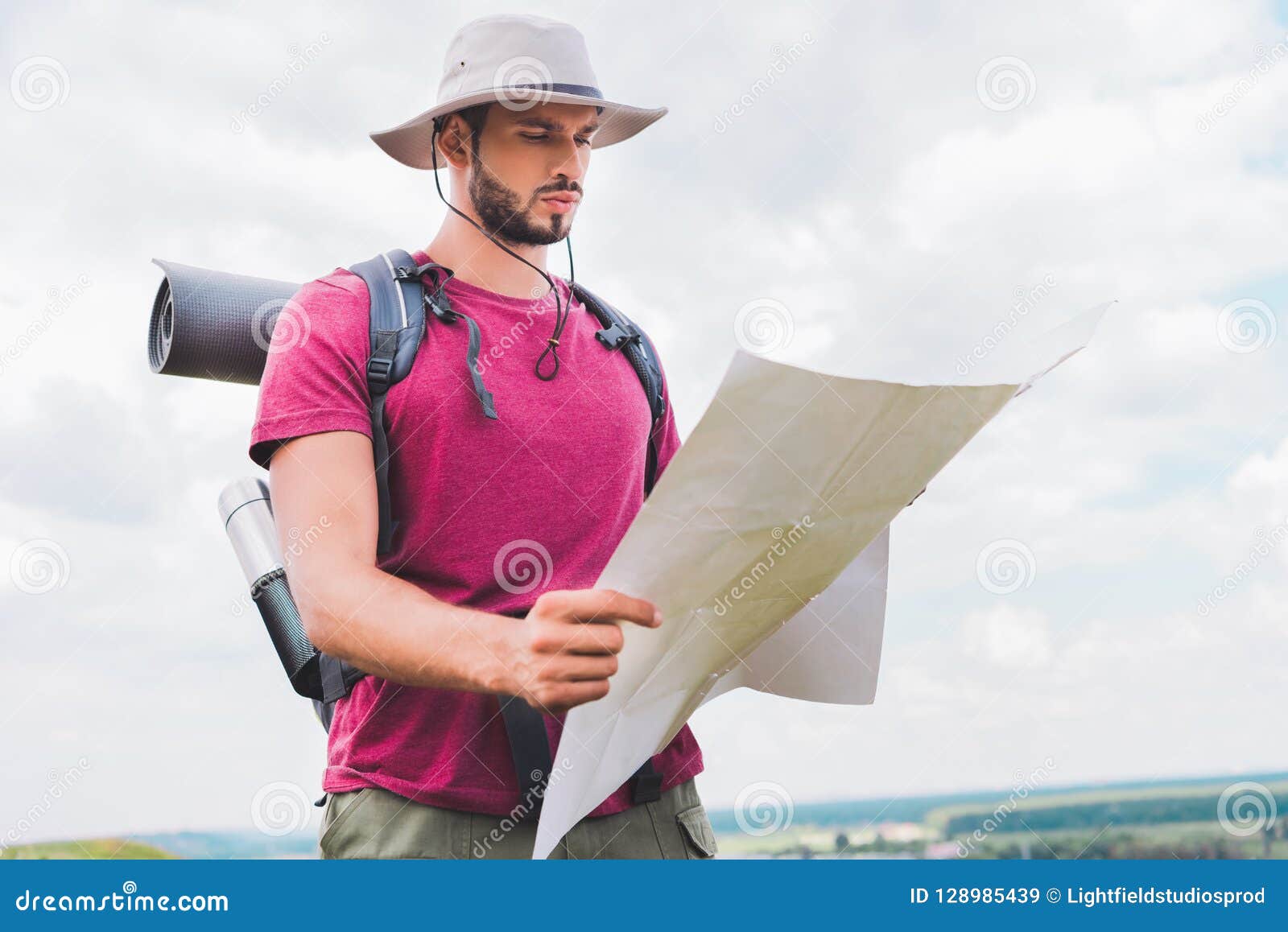 Handsome Hiker in Hat with Backpack Looking Stock Image - Image of ...