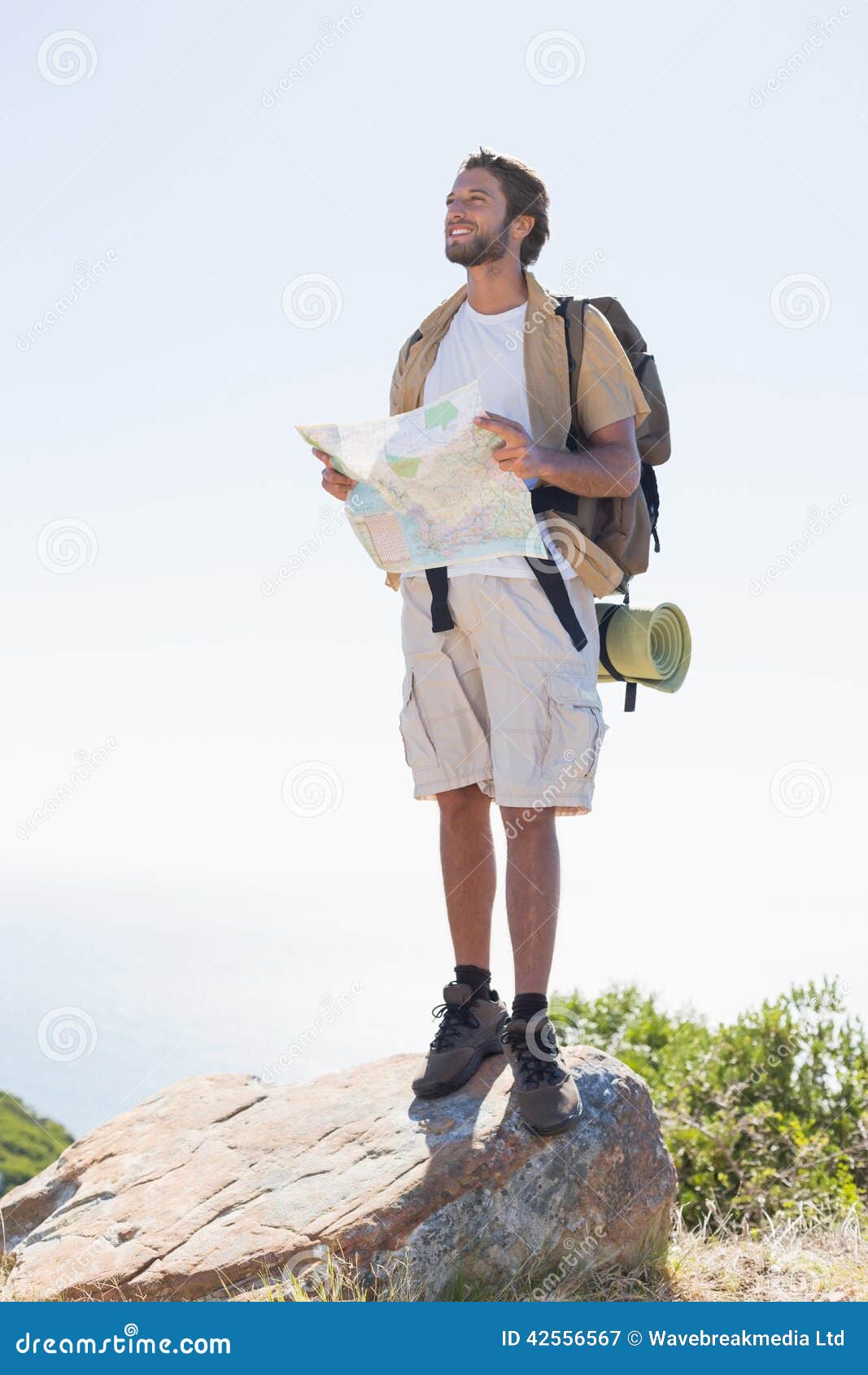 Handsome Hiker Holding Map at Mountain Summit Stock Image - Image of ...