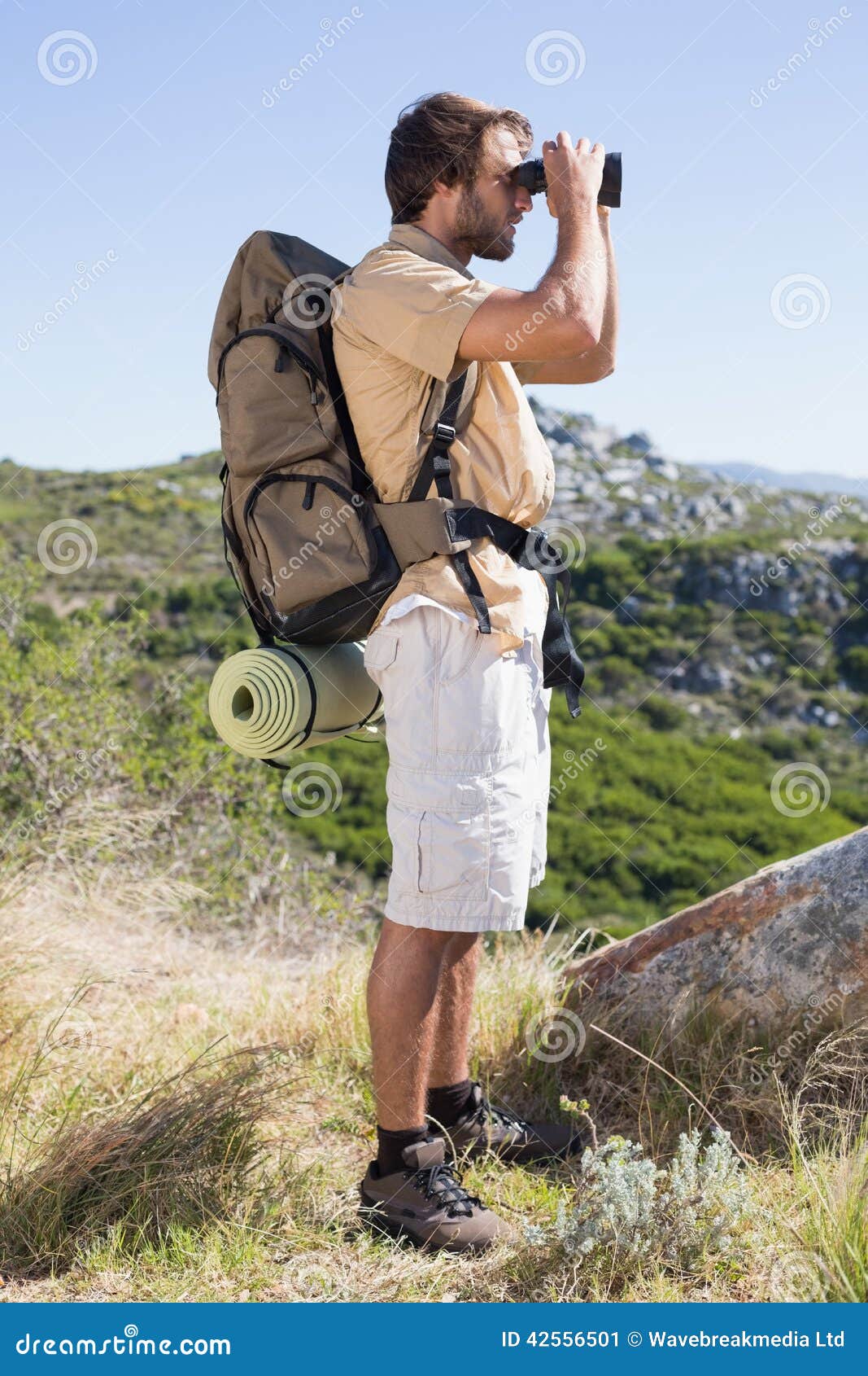 Handsome Hiker Looking through Binoculars Stock Image - Image of male ...