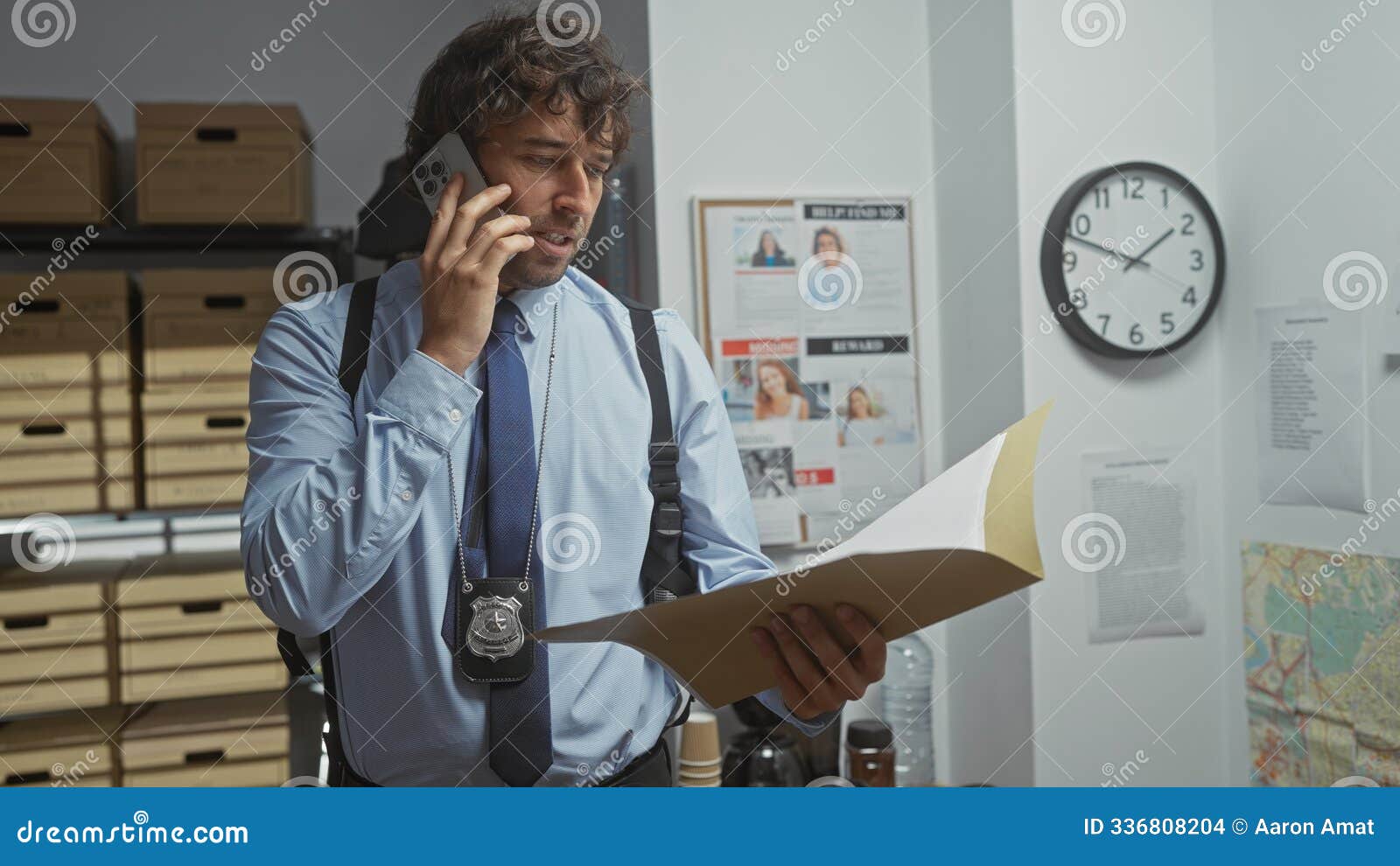 Handsome Hispanic Detective in Office Analyzing Paperwork while on ...