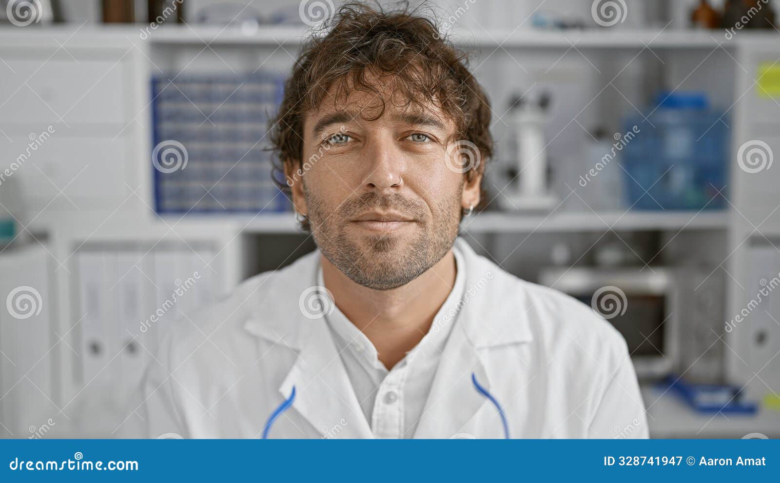 Handsome Hispanic Man with Beard and Green Eyes Wearing Lab Coat in ...