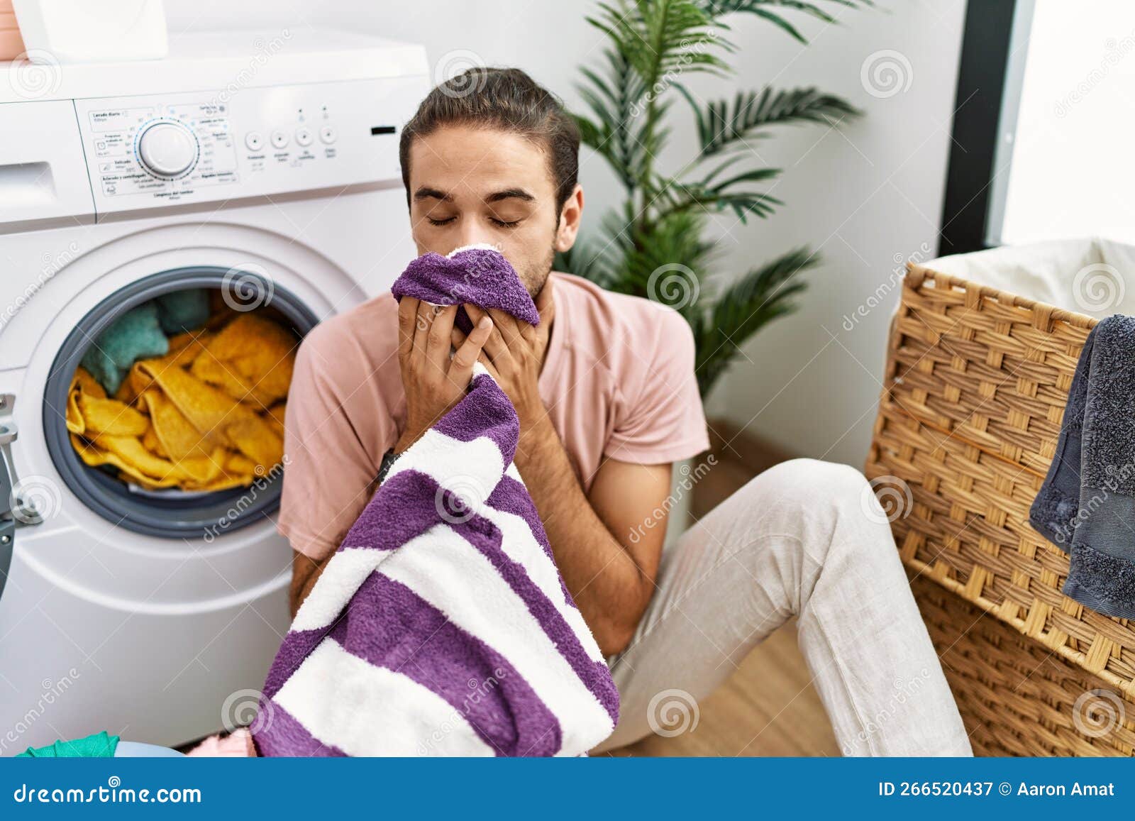 Handsome Hispanic Man Smelling Fresh Fragance from Clean Laundry at ...