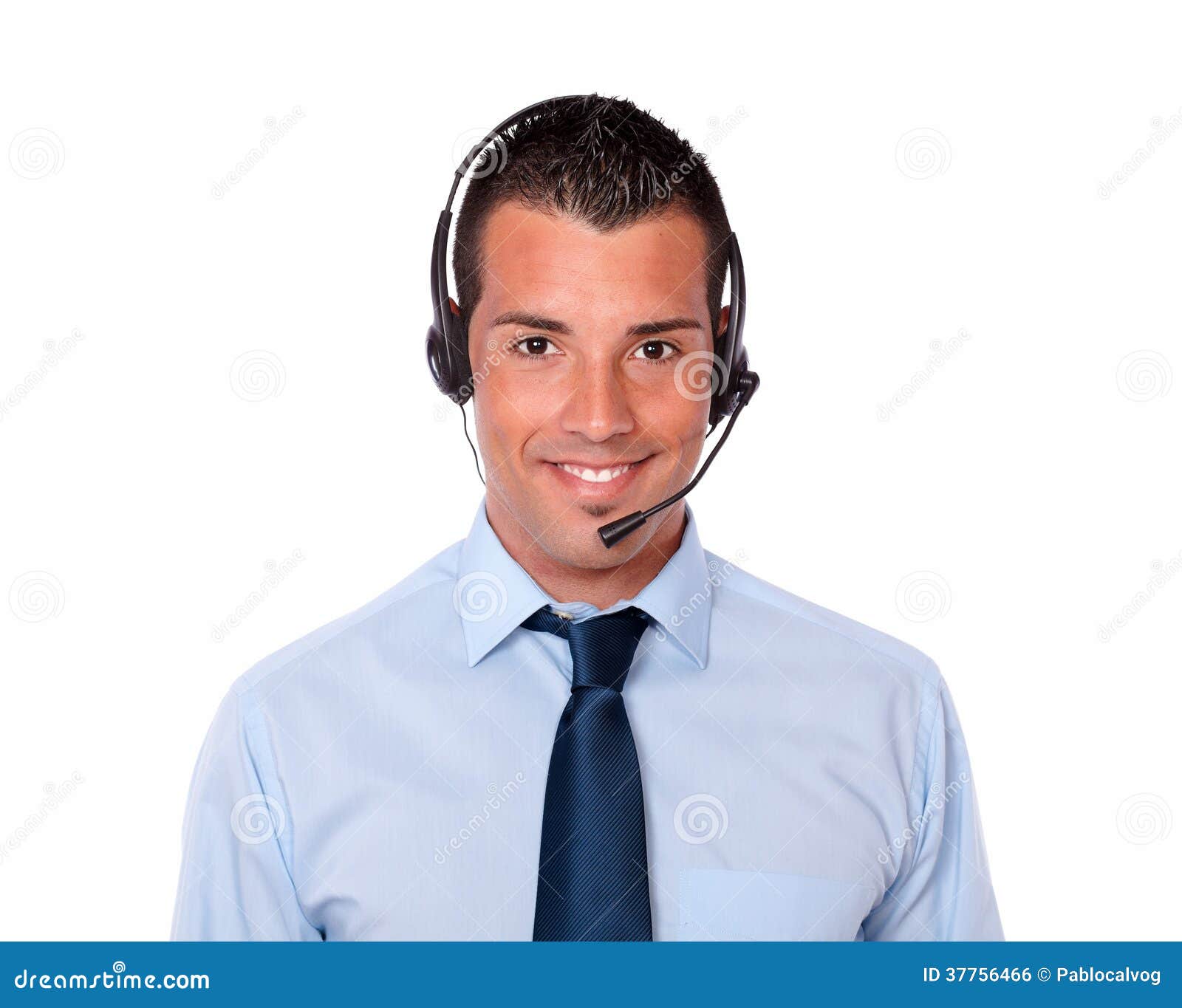 Handsome Hispanic Man Talking with Earphone Stock Photo - Image of ...