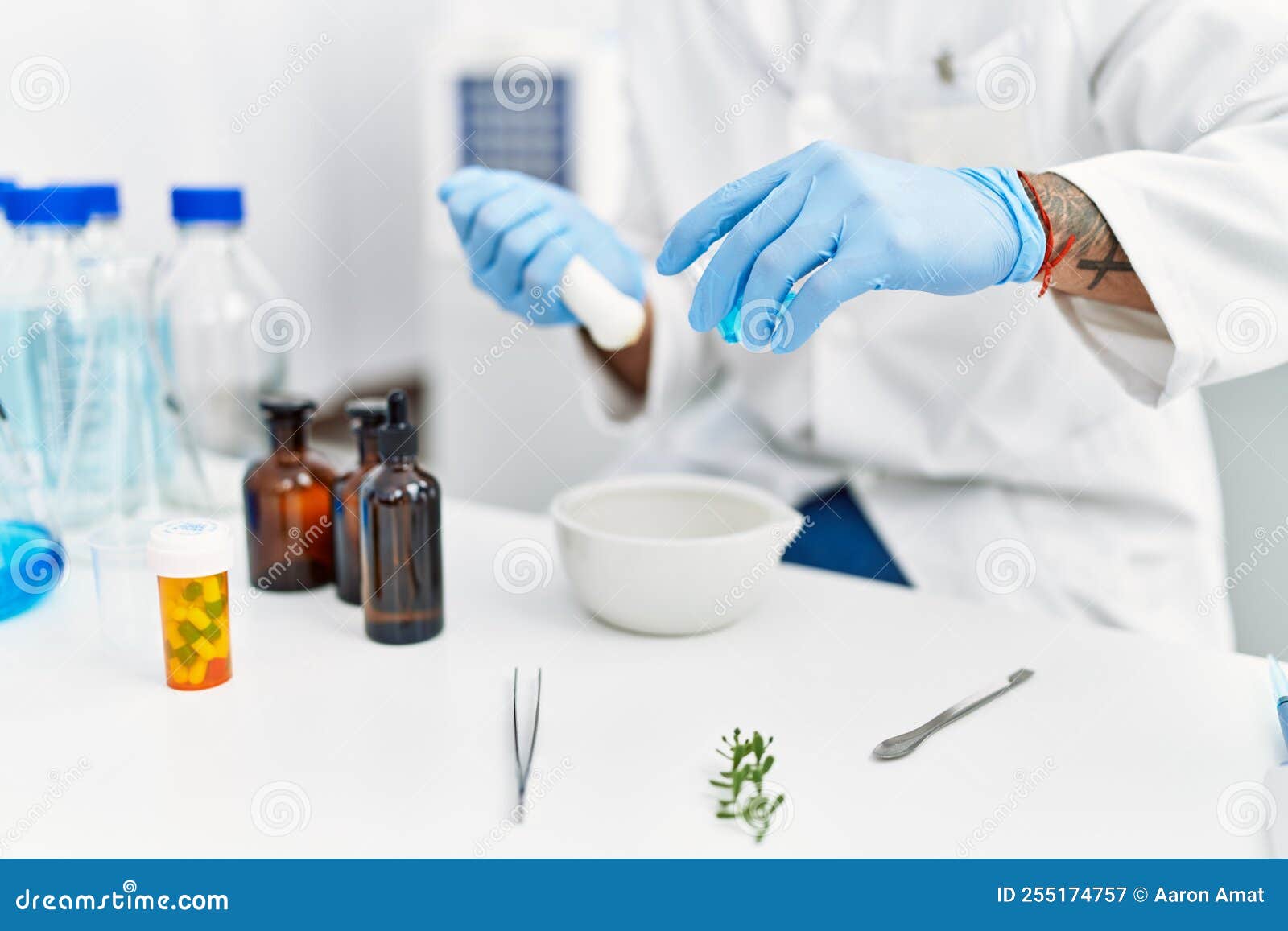 Handsome Hispanic Man Using Scientific Mortar at Laboratory Stock Image ...